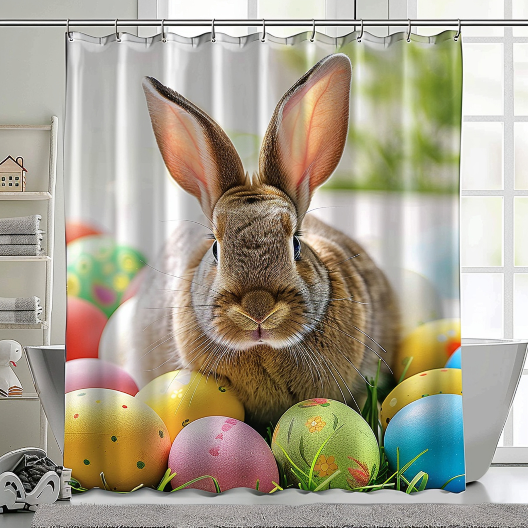Hyper Realistic Easter Bunny & Eggs Shower Curtain Ultra Detailed Wide ...