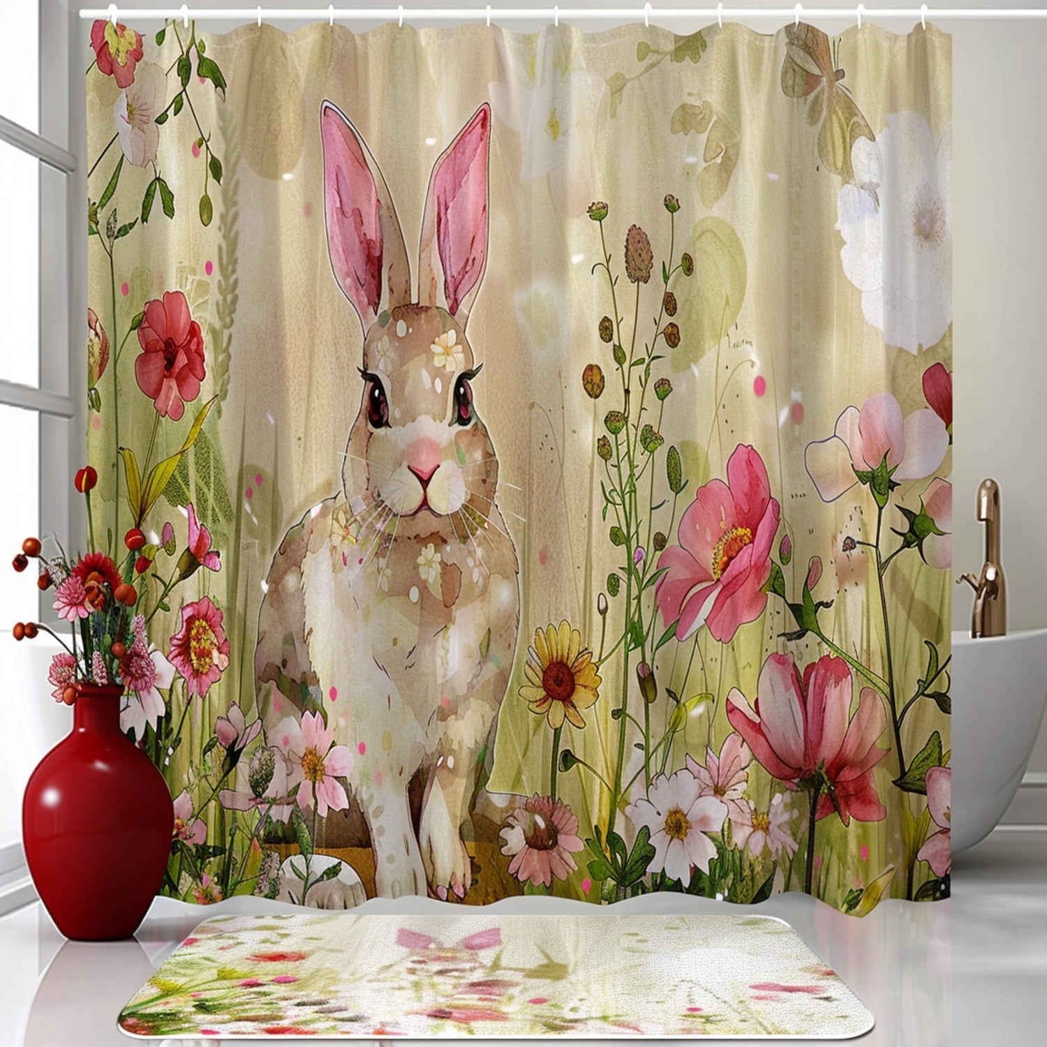 Hyper Realistic Easter Bunny & Flowers Shower Curtain Spring Theme High ...