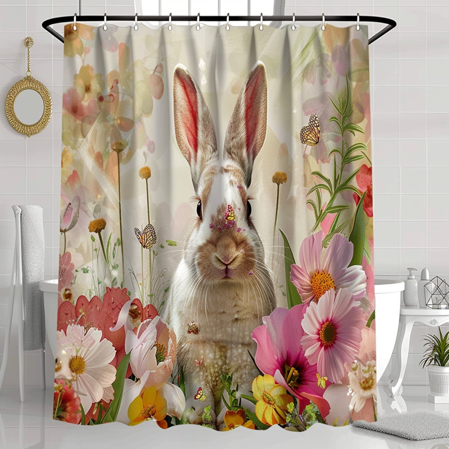 Hyper Realistic Easter Bunny Shower Curtain with Flowers and ...