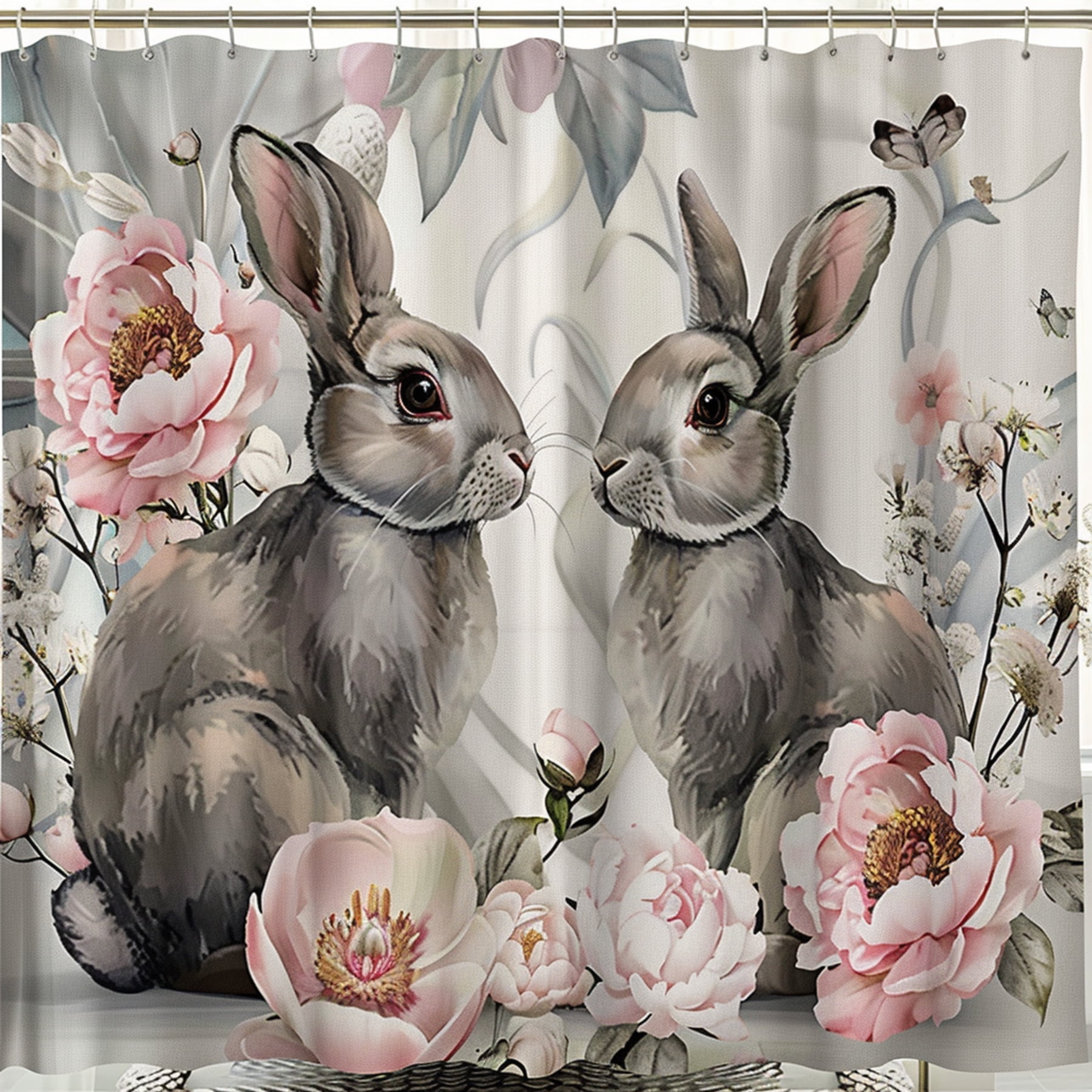 Hyper Realistic Easter Bunny Shower Curtain with Pink Peonies Detailed ...