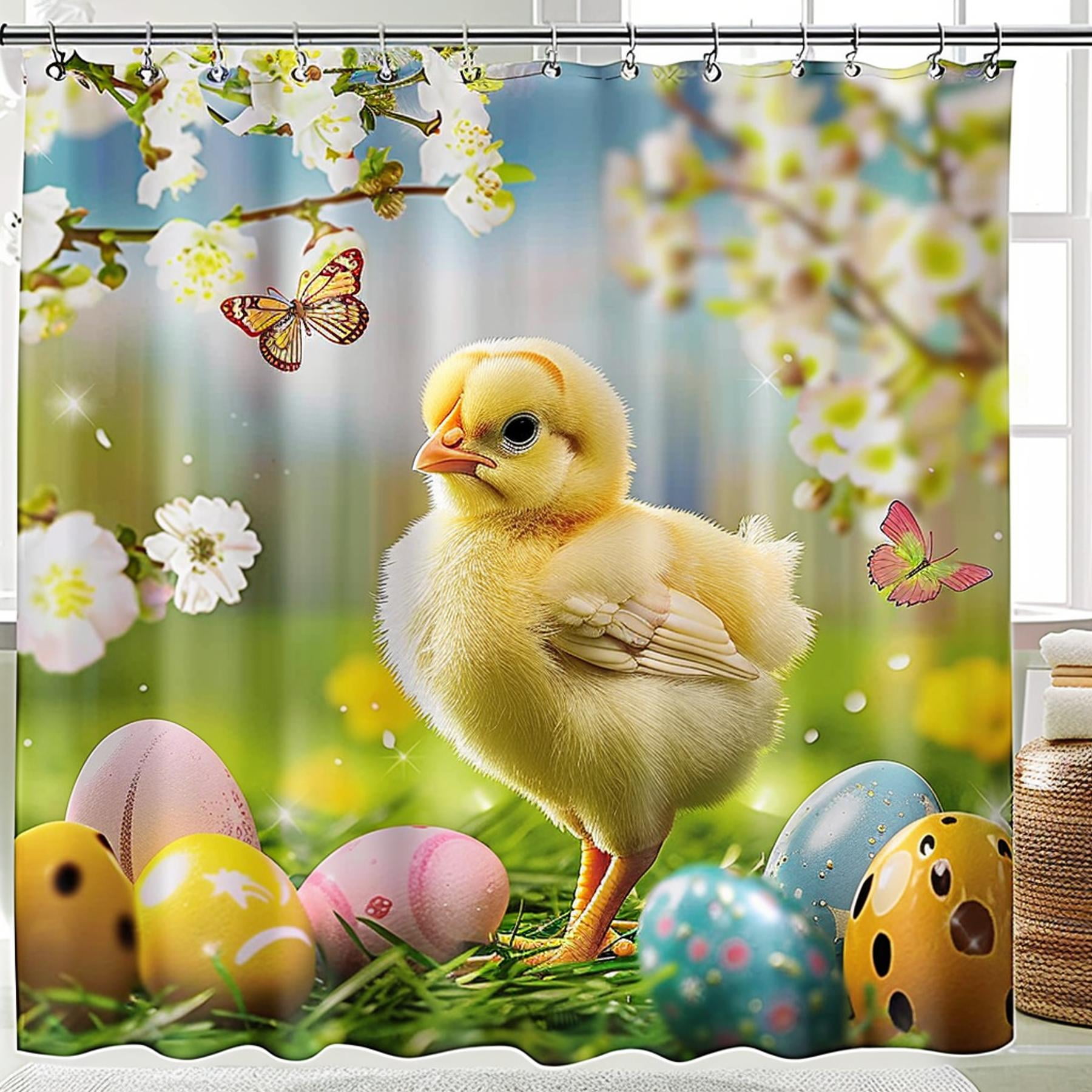 Hyper Realistic Easter Yellow Baby Chicken Shower Curtain with Eggs and ...