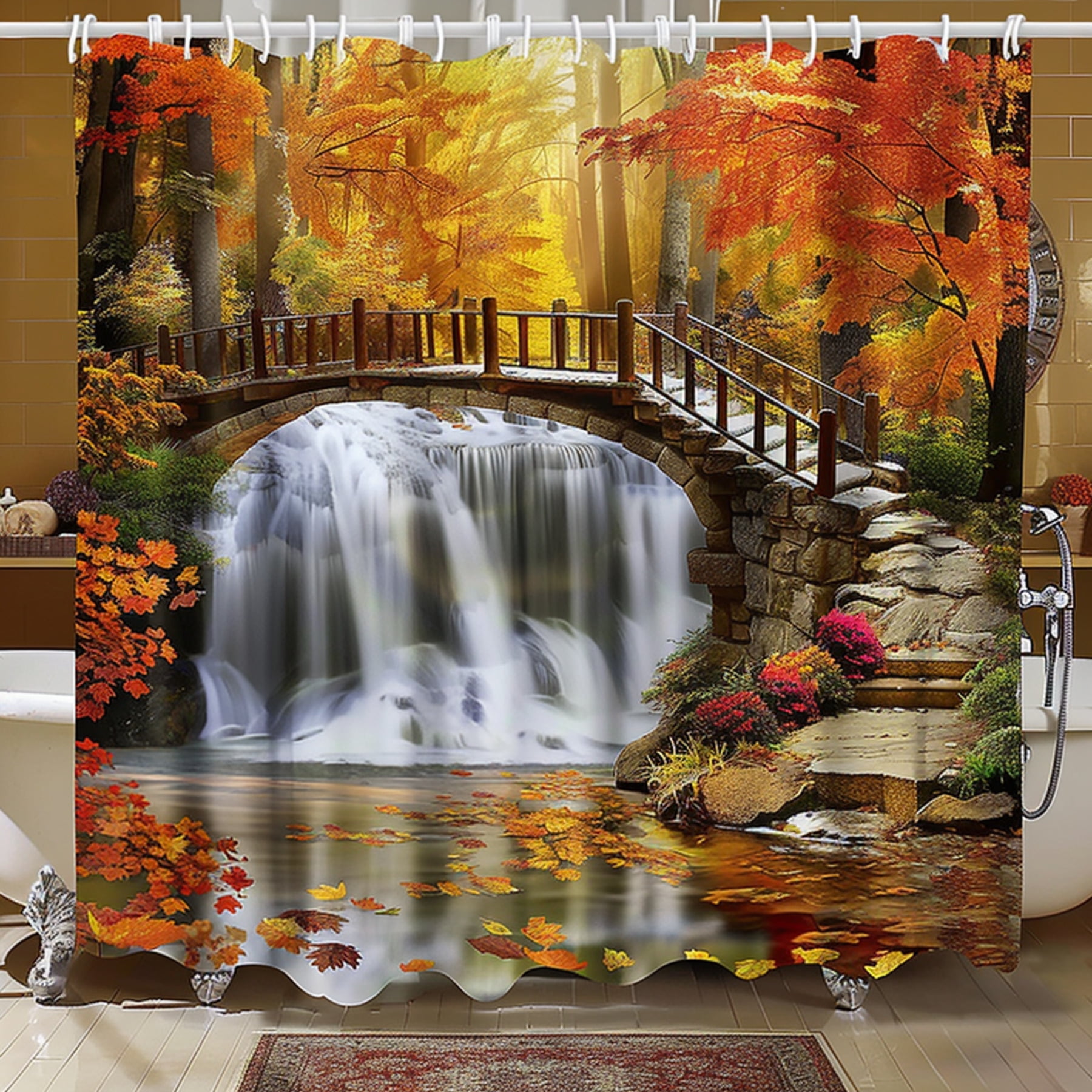 Hyper Realistic Fall Scene Shower Curtain Waterfall Stone Bridge ...