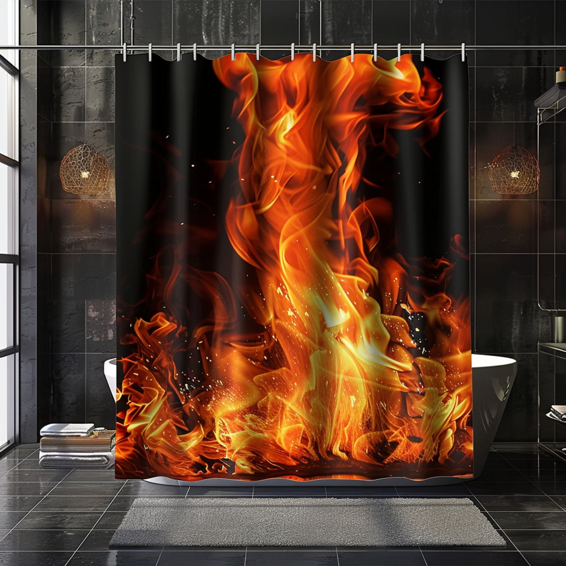 Hyper Realistic Fire Bathroom Curtain Home Decor Black Background ...