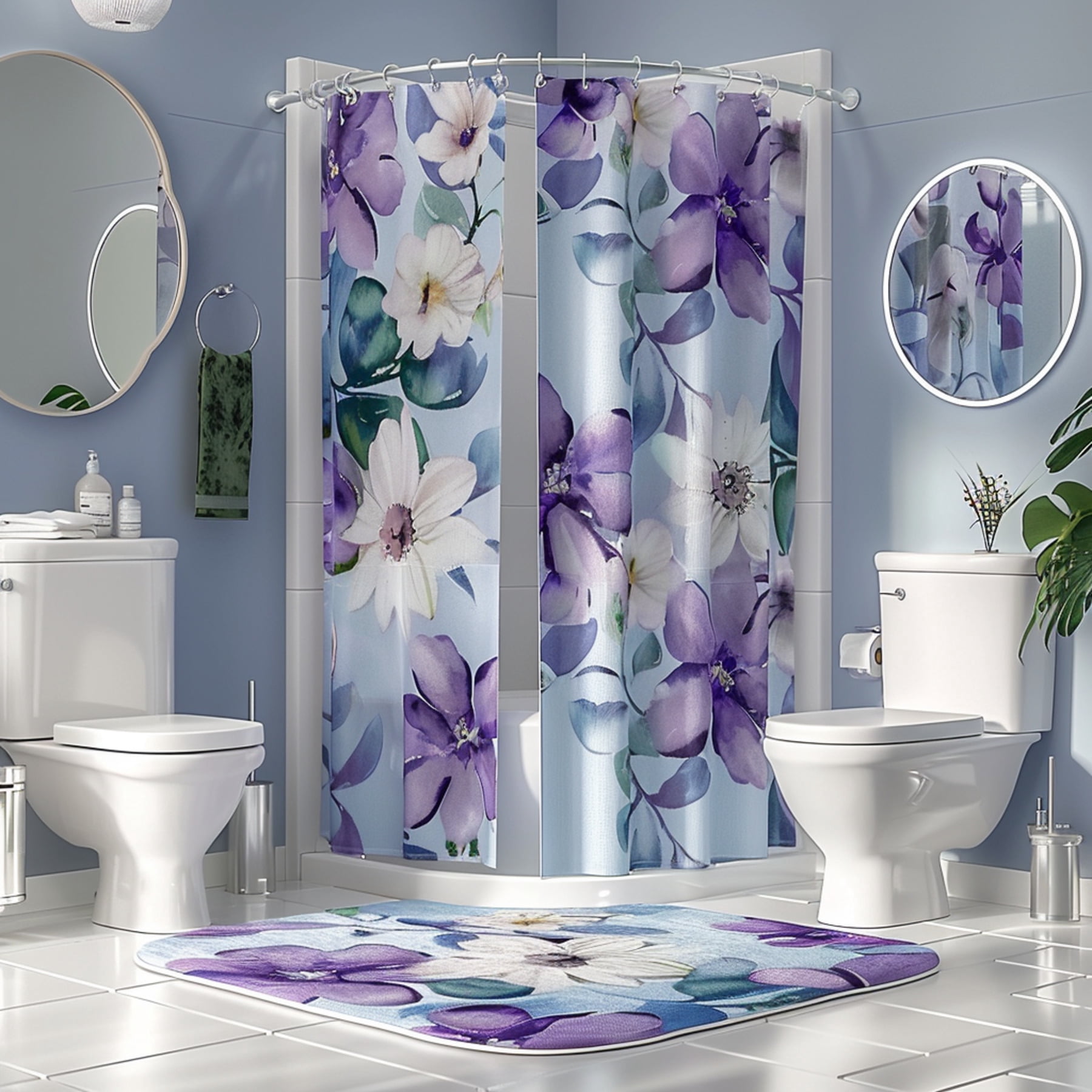 Hyper Realistic Floral Bathroom Set Blue Purple & White Shower Curtain ...