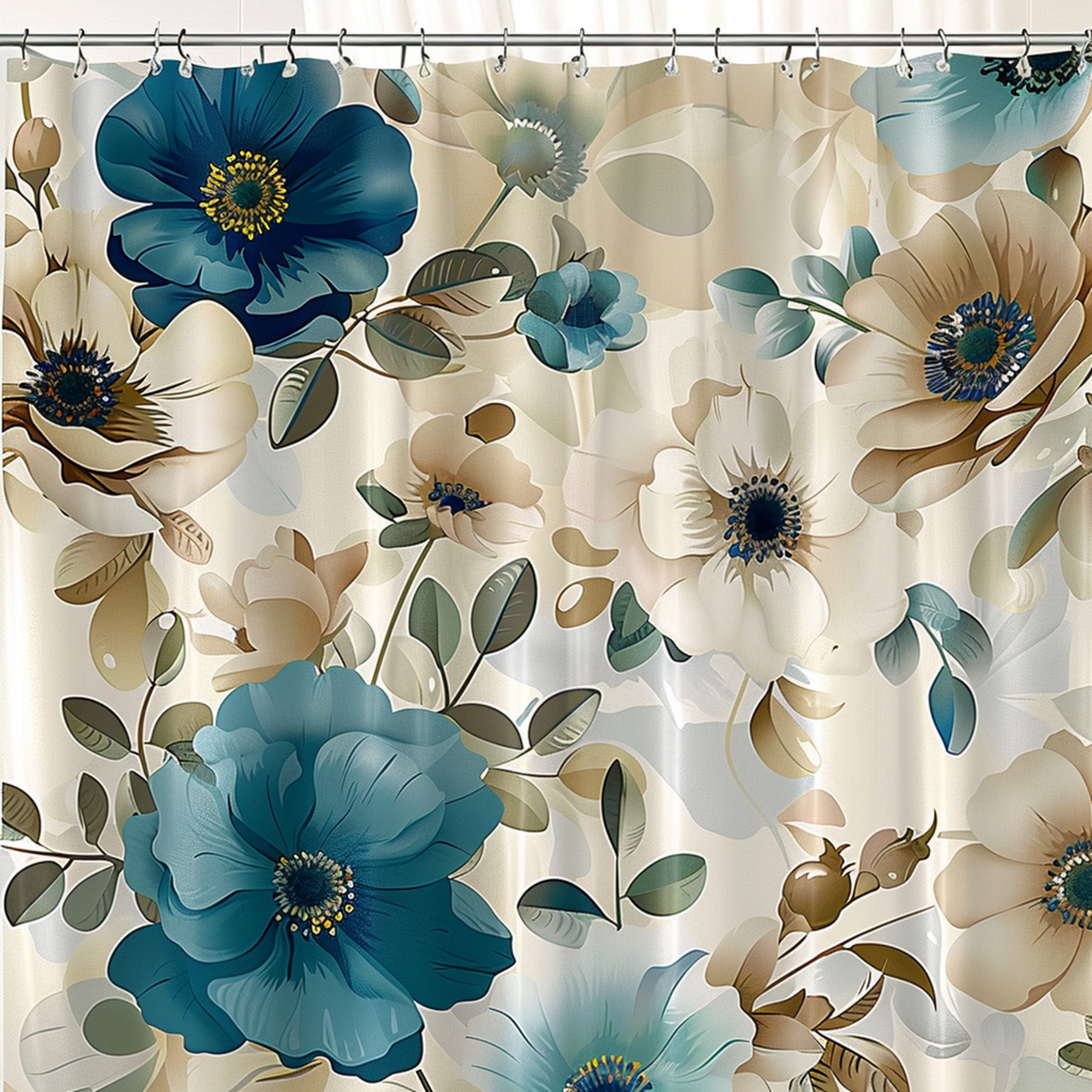 Hyper Realistic Floral Shower Curtain Blue Beige Teal Flowers Cream ...