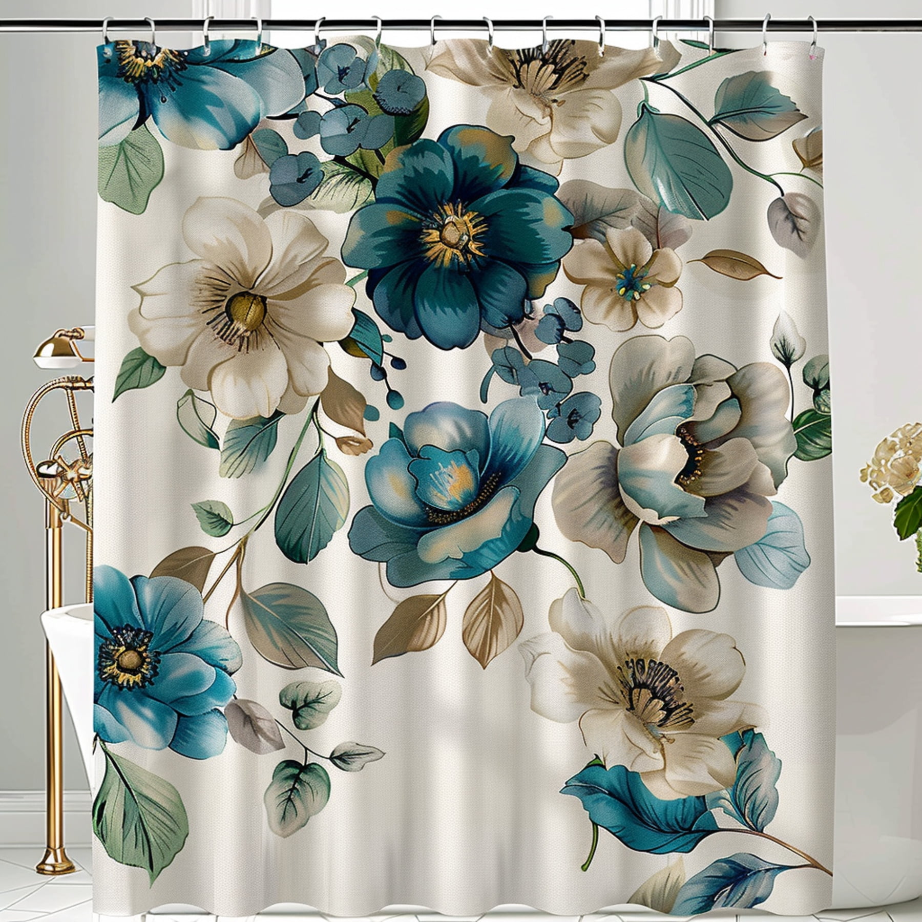 Hyper Realistic Floral Shower Curtain Blue Beige and Teal Flowers on ...
