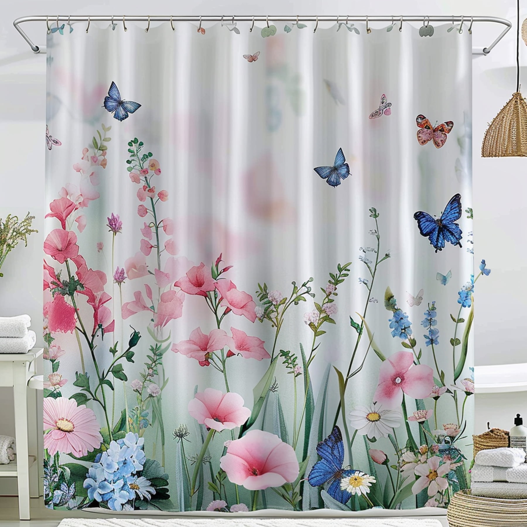 Hyper Realistic Floral and Butterfly Shower Curtain Pink Flowers Blue Butterflies White Curtain ...