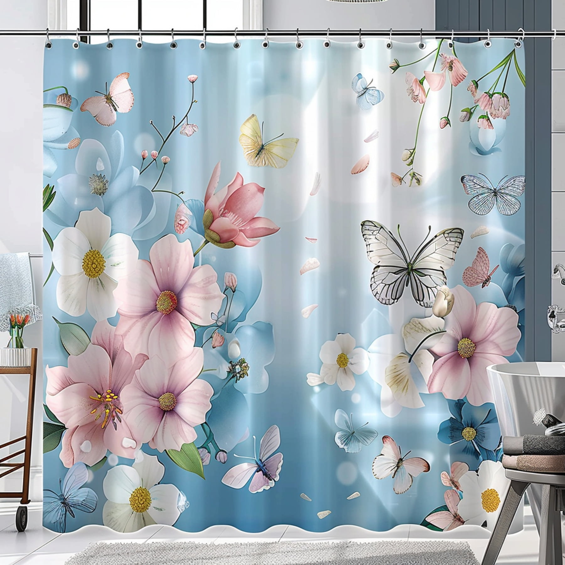 Hyper Realistic Flowers Butterflies Shower Curtain Blue White Pink hyper-realistic-flowers-butterflies-shower-curtain-blue-white-pink