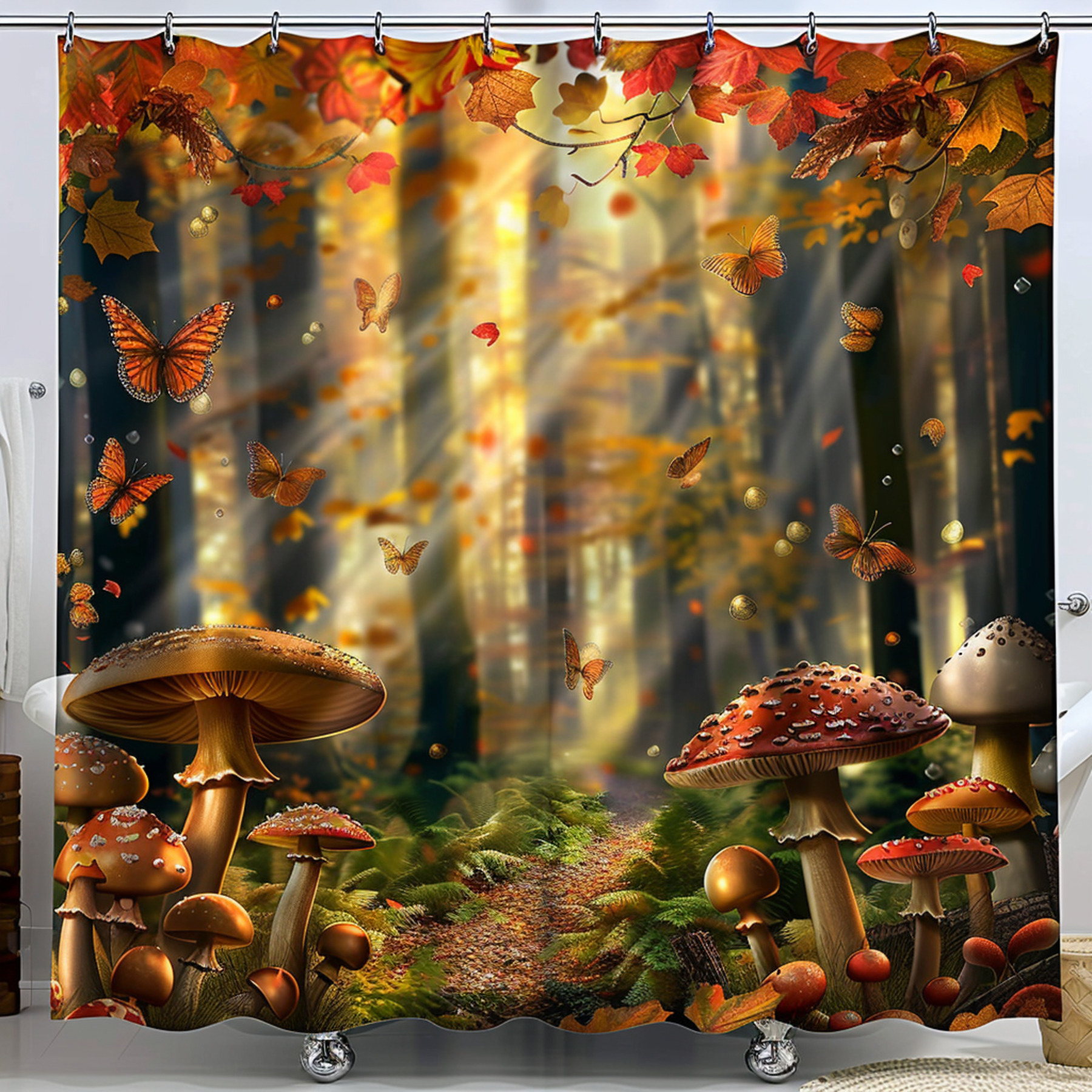 Hyper Realistic Forest Mushroom & Butterfly Shower Curtain Vibrant ...