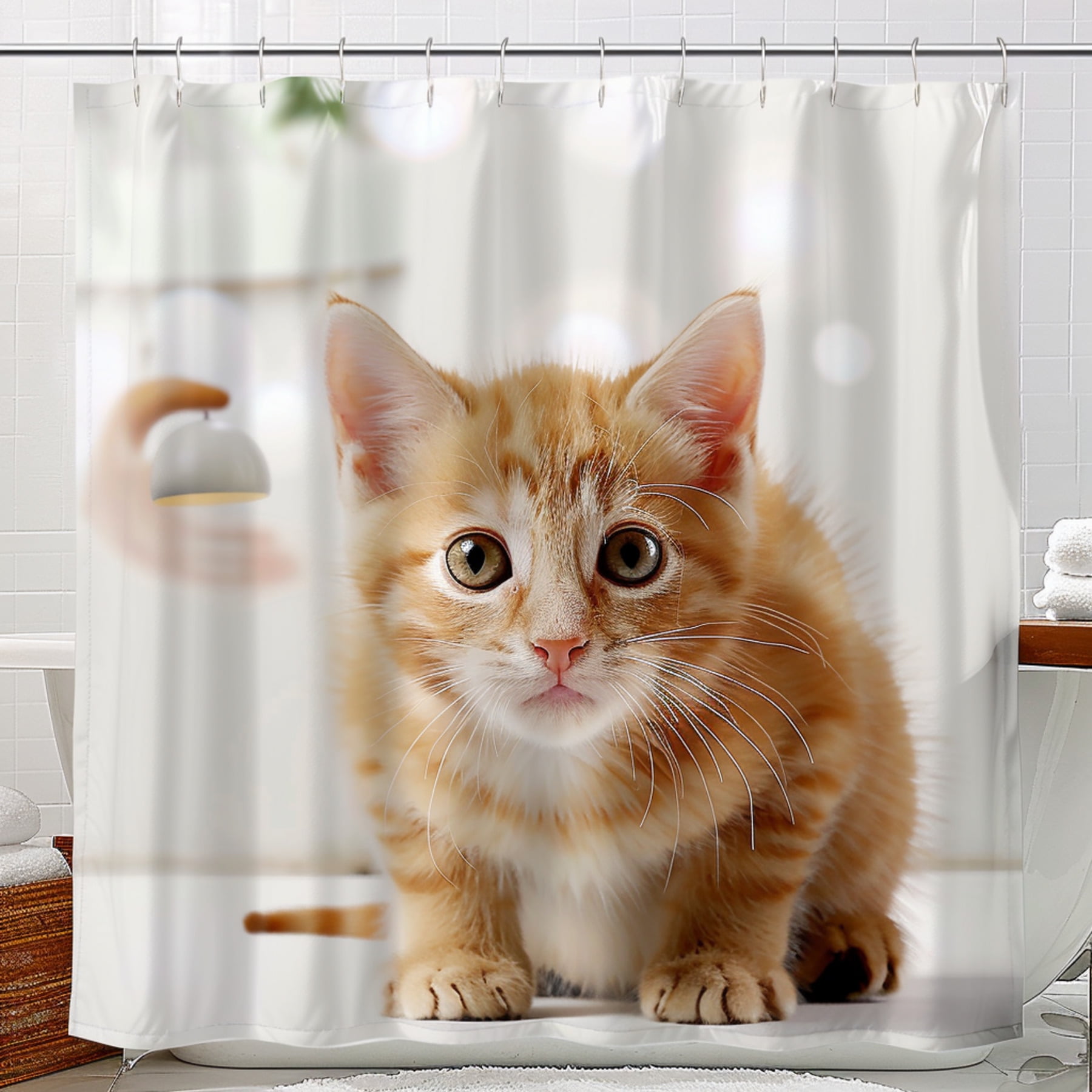 Hyper Realistic Ginger Cat Photo Print Shower Curtain Cute Orange ...