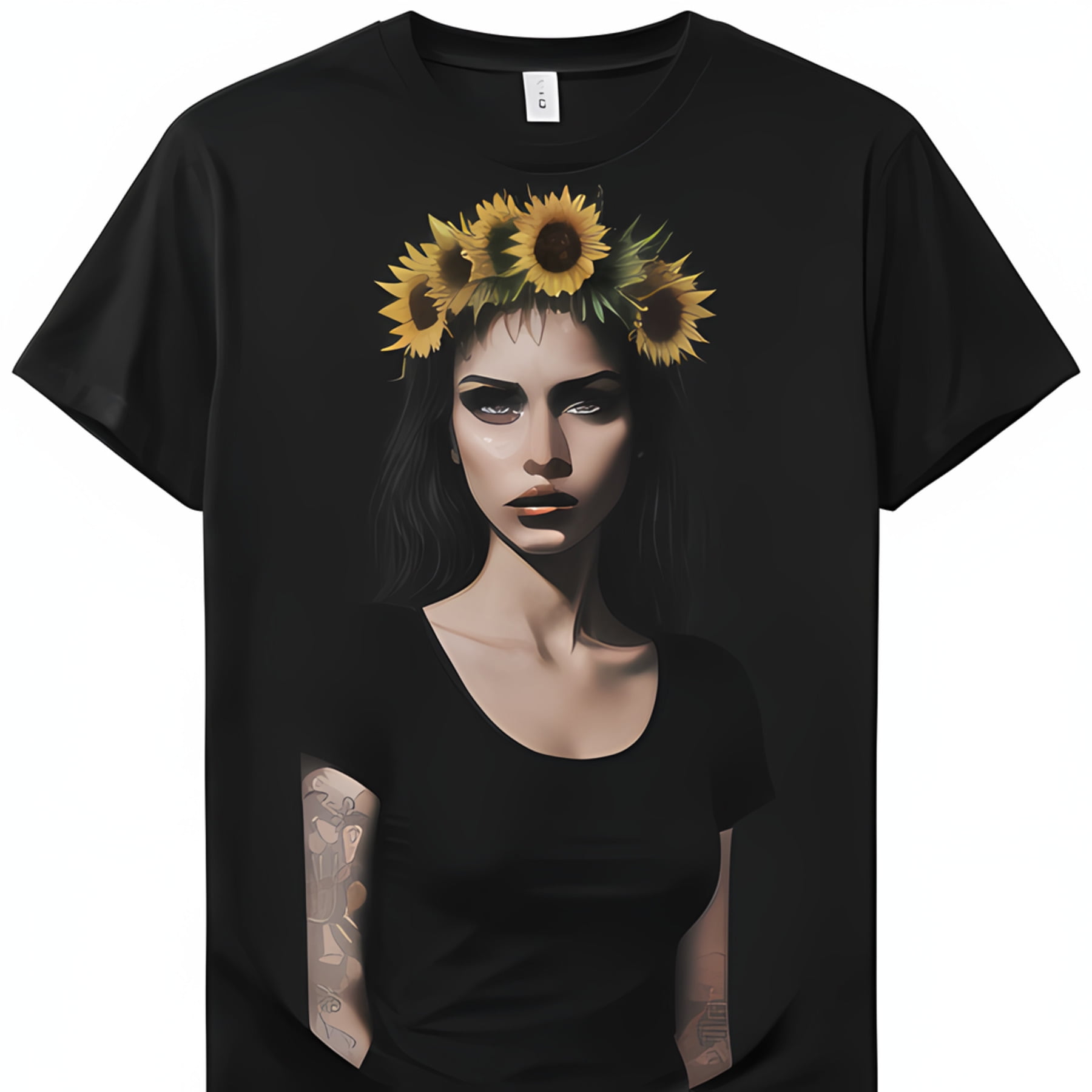 Hyper Realistic Girl with Sunflowers Graphic Black T-Shirt Unique ...