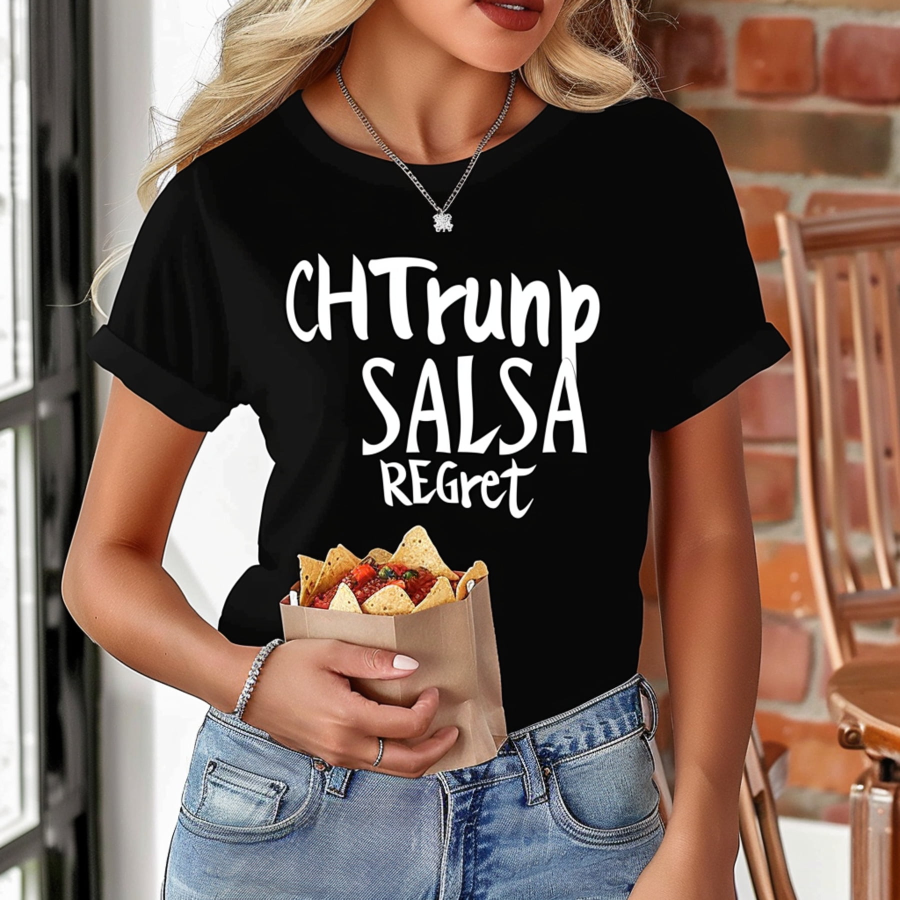 Hyper Realistic Graphic Tee: Woman with Chips and Salsa Bag CHTrump ...