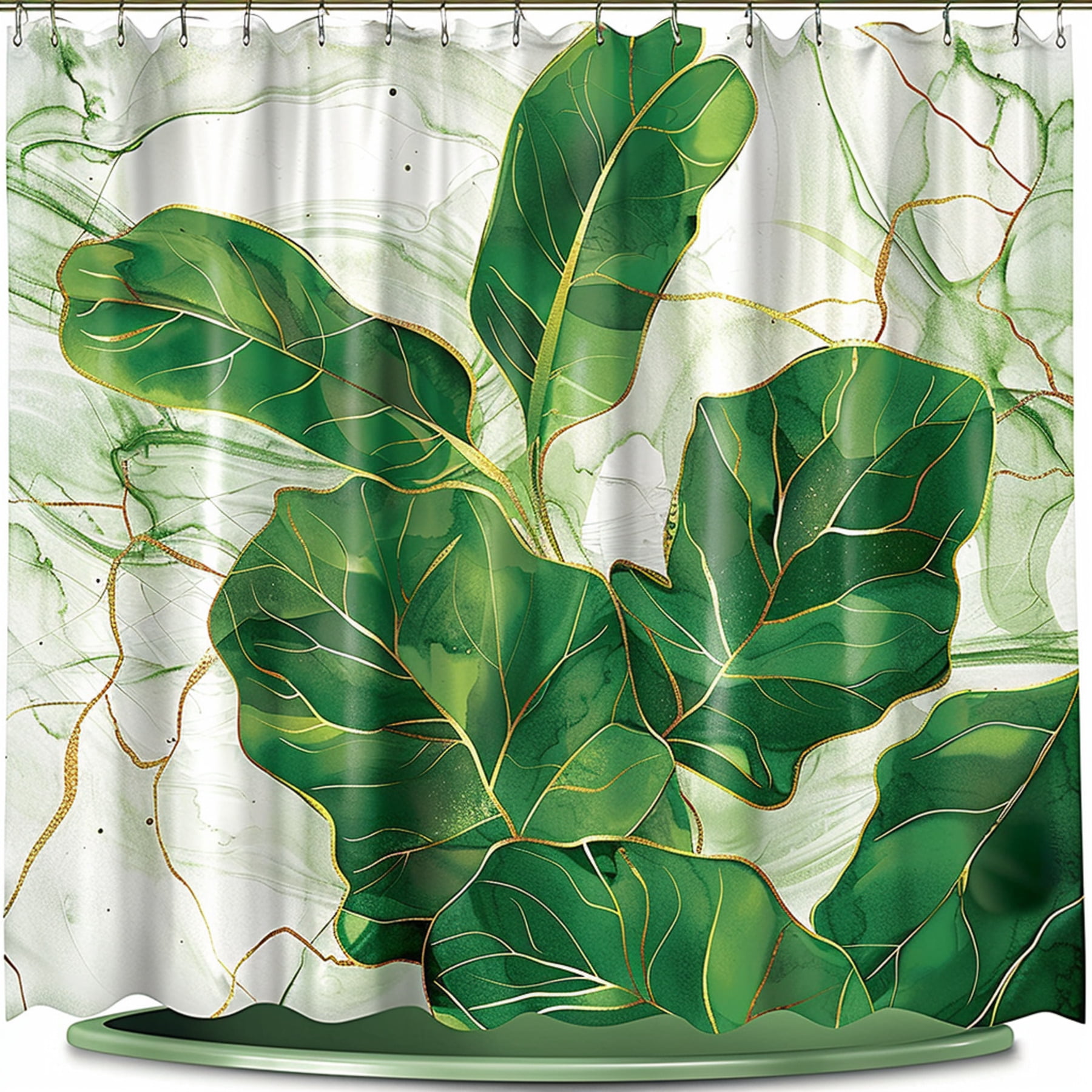 Hyper Realistic Green Marble Shower Curtain with Fiddle Leaf Fig Tree ...