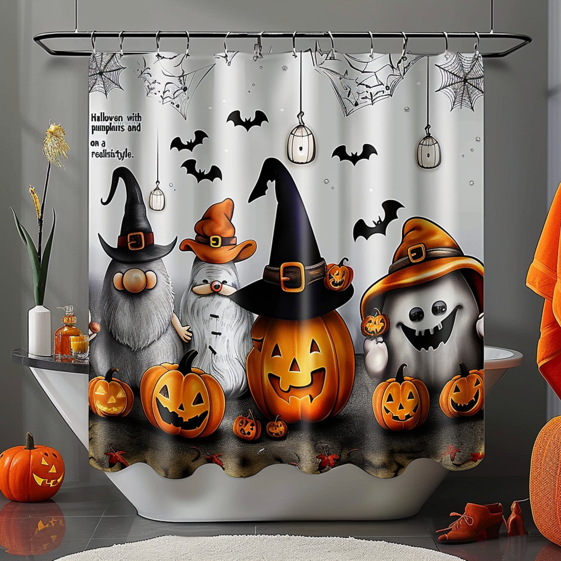Hyper Realistic Halloween Shower Curtain with Pumpkins Gnomes and Bats ...