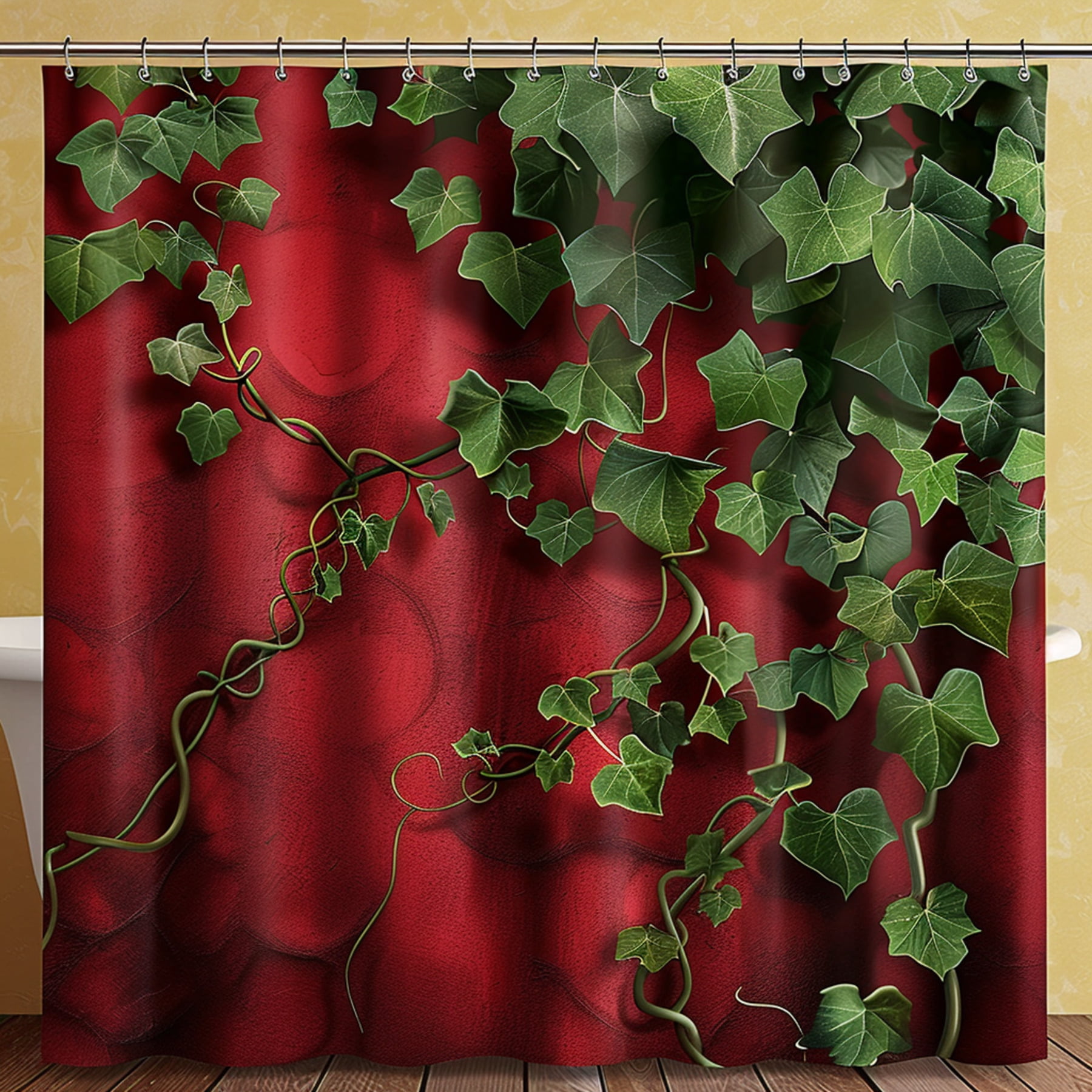 Hyper Realistic Ivy Vines On Red Background Bathroom Curtain Shower