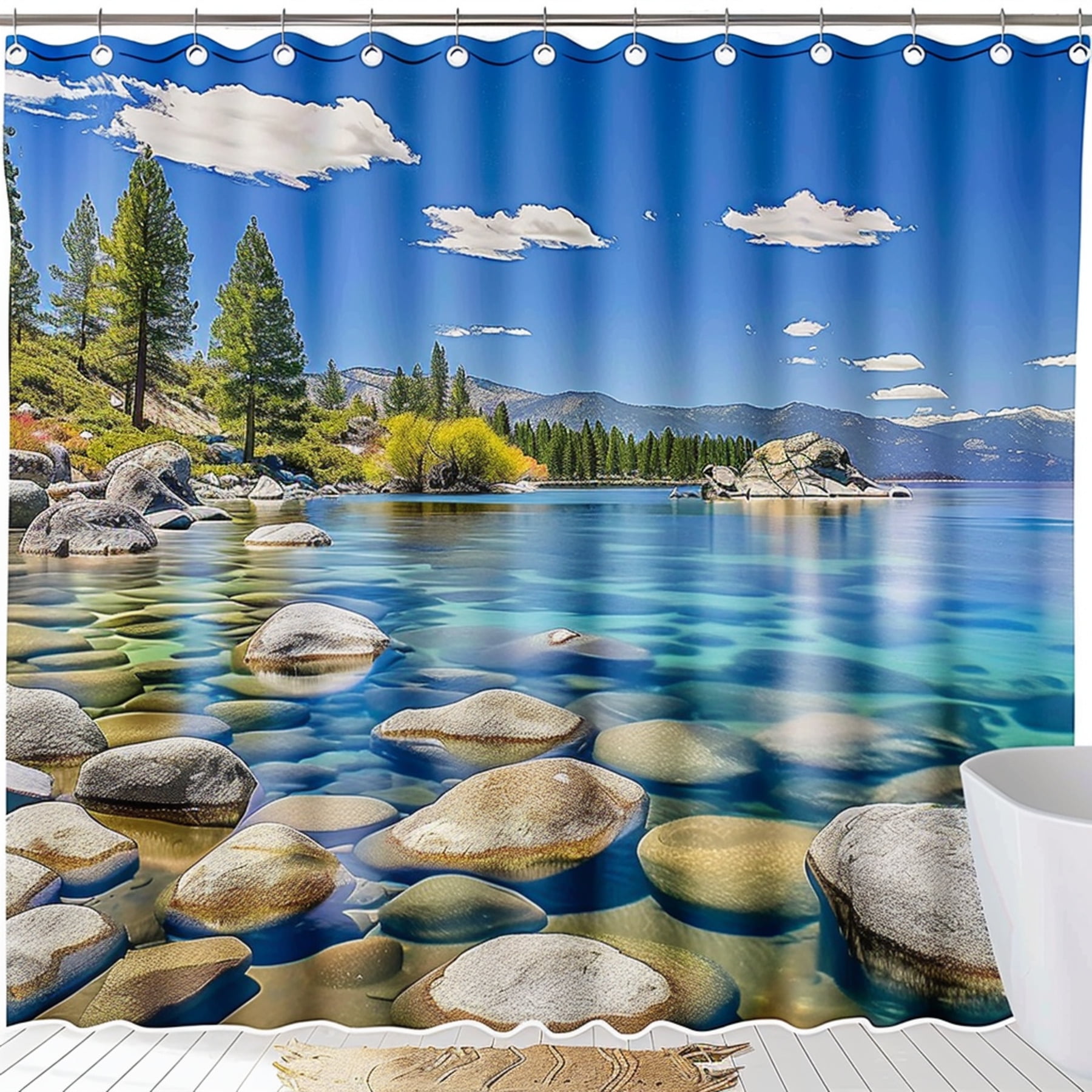 Hyper Realistic Lake Tahoe Shower Curtain Stunning Lake View with Rocks ...