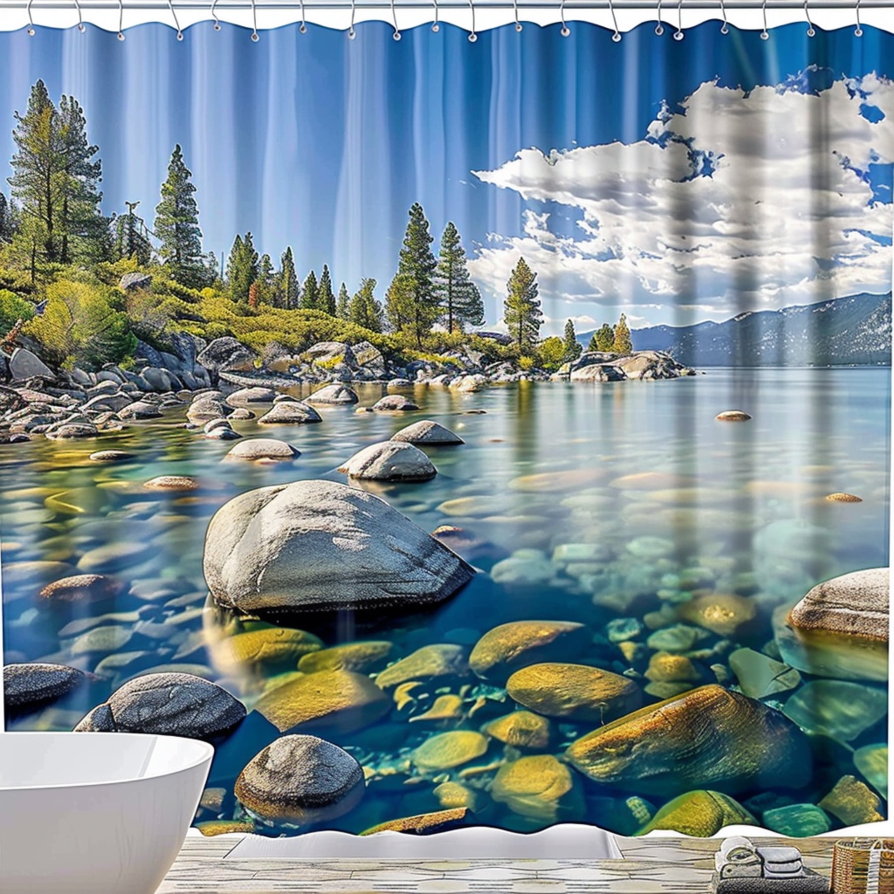 Hyper Realistic Lake Tahoe View Shower Curtain Stunning Rocks Trees and ...
