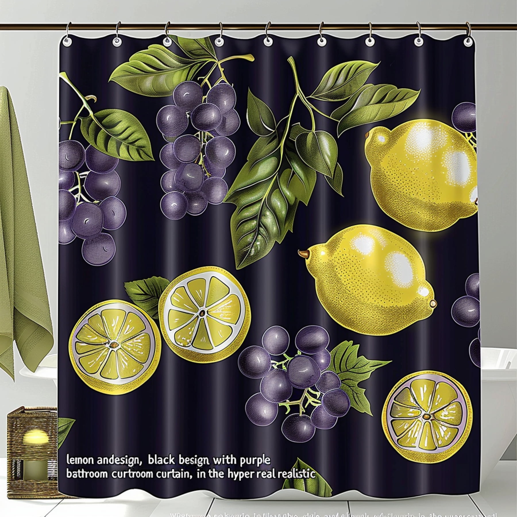 Hyper Realistic Lemon and Grape Design Shower Curtain Black Background ...