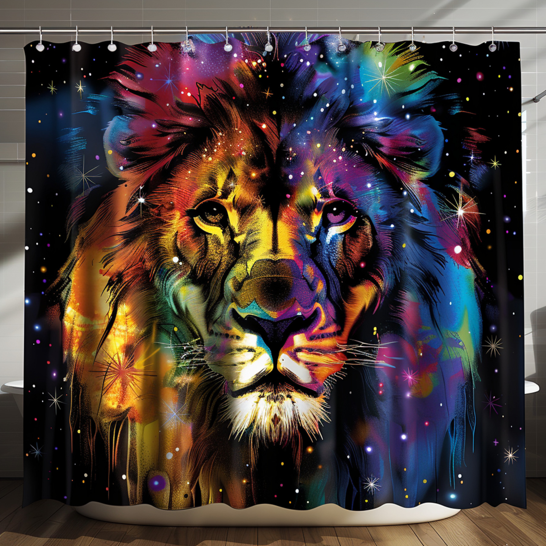 Hyper Realistic Lion Face with Colorful Stars Shower Curtain ...