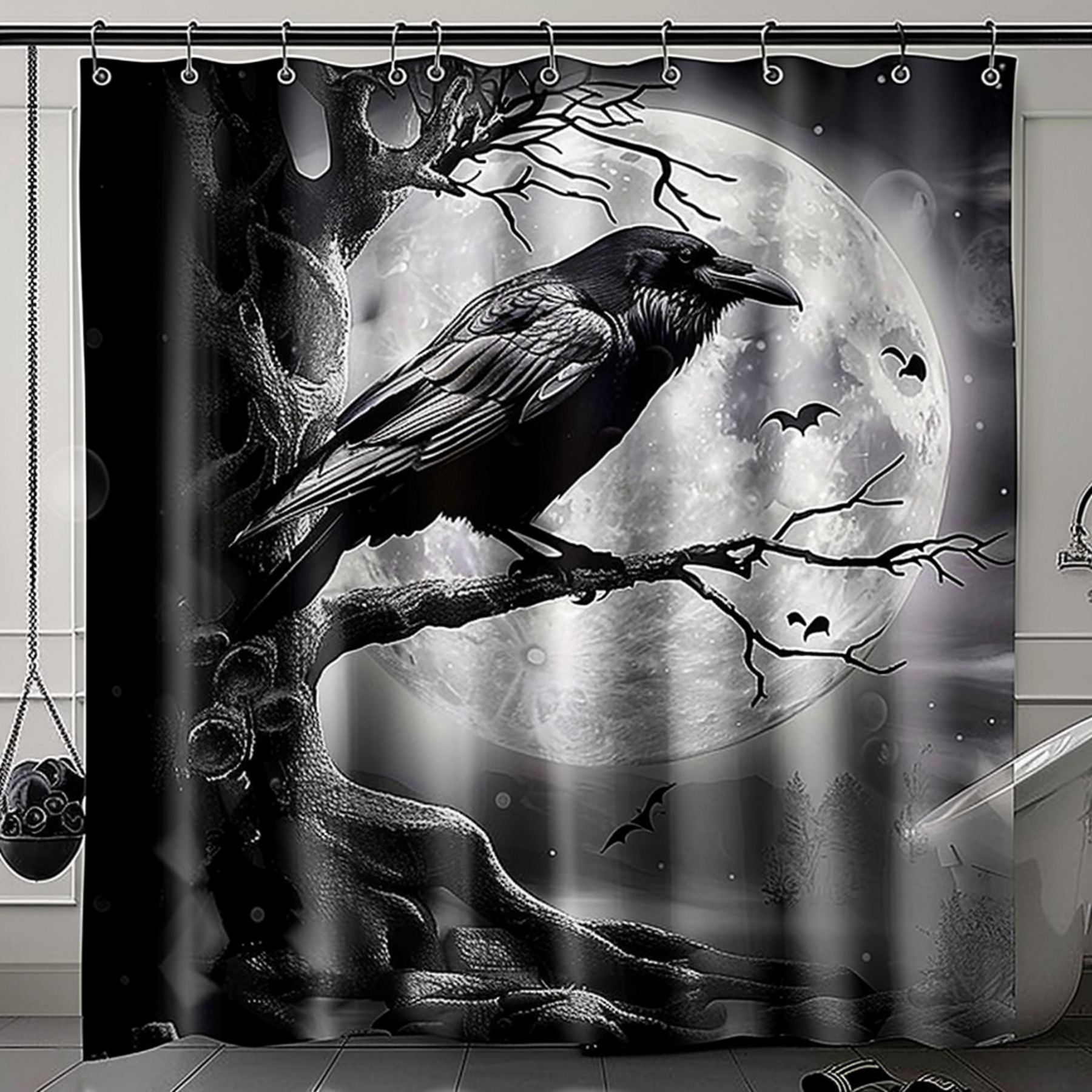 Hyper Realistic Moon Gothic Bathroom Shower Curtain Dark Theme Black ...