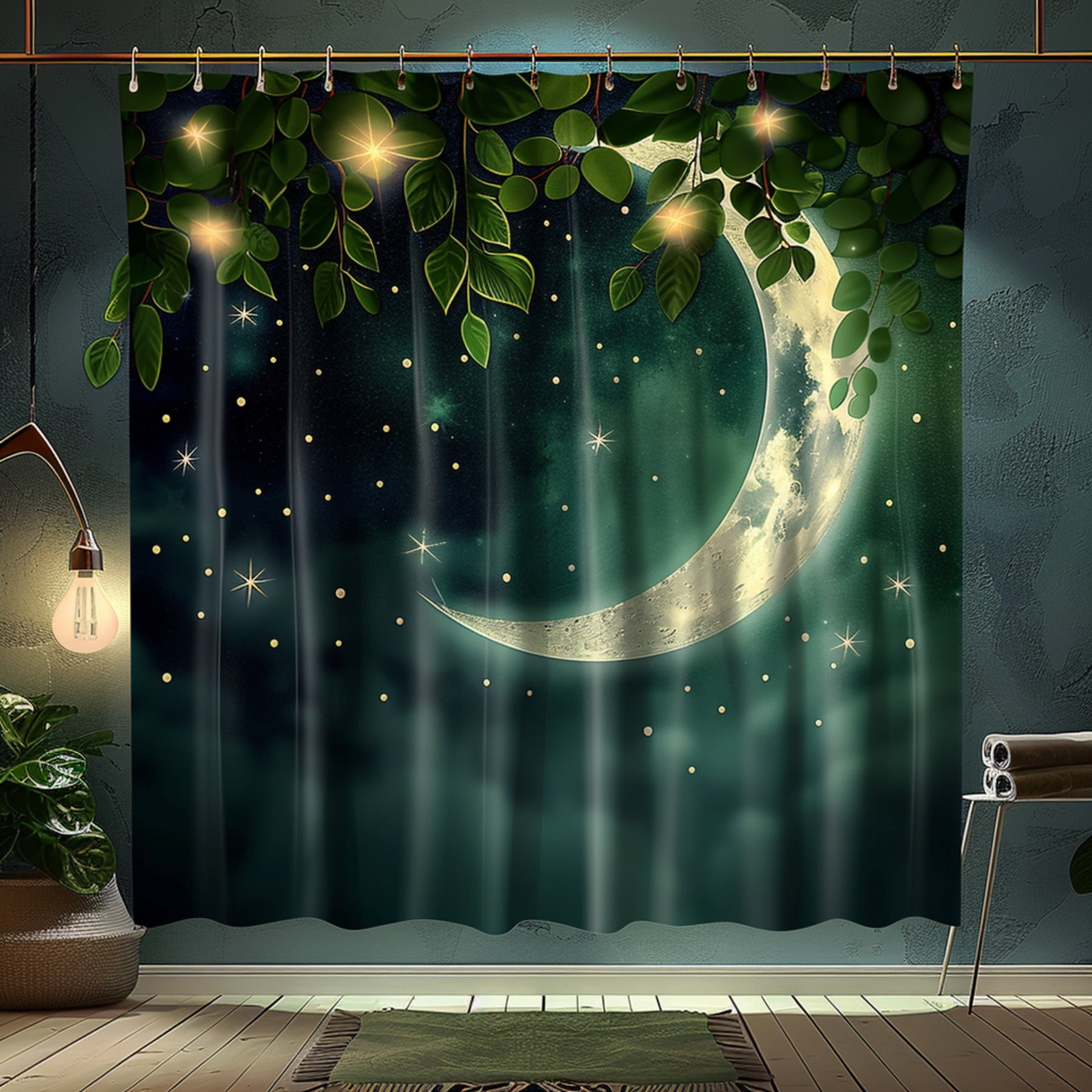 Hyper Realistic Moon and Green Leaves Design Shower Curtain Night Sky ...