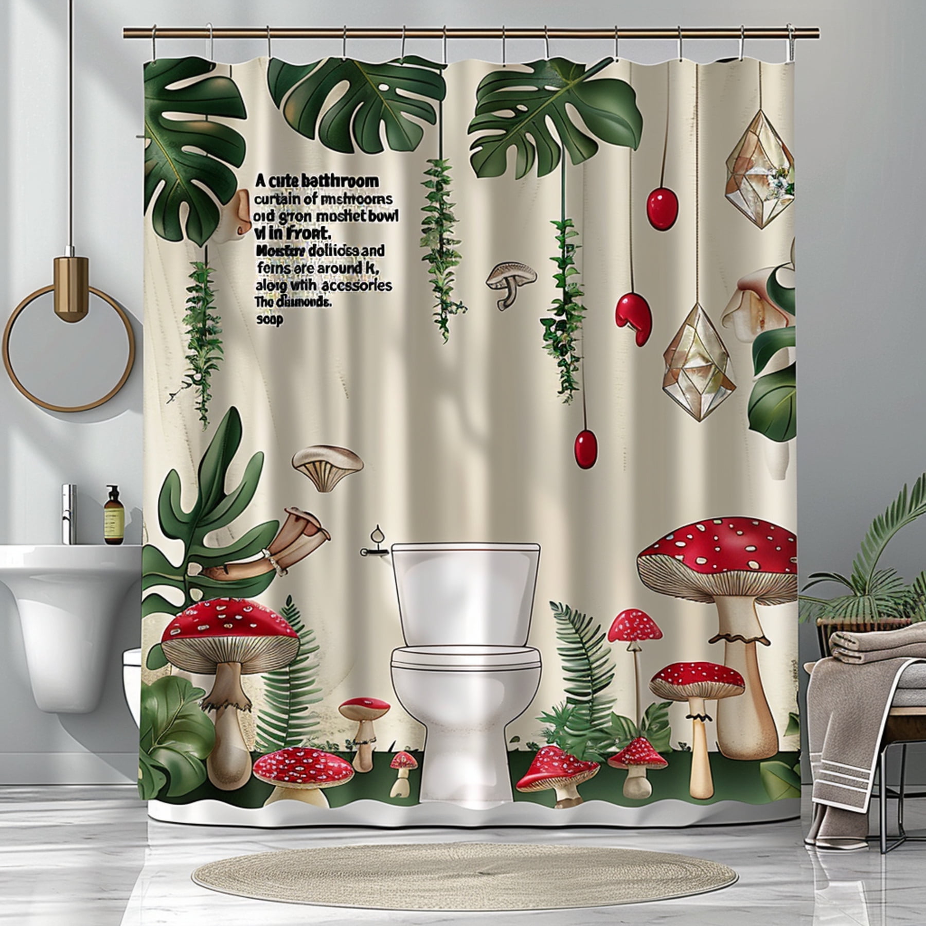 Hyper Realistic Mushroom and Monstera Deliciosa Shower Curtain with ...