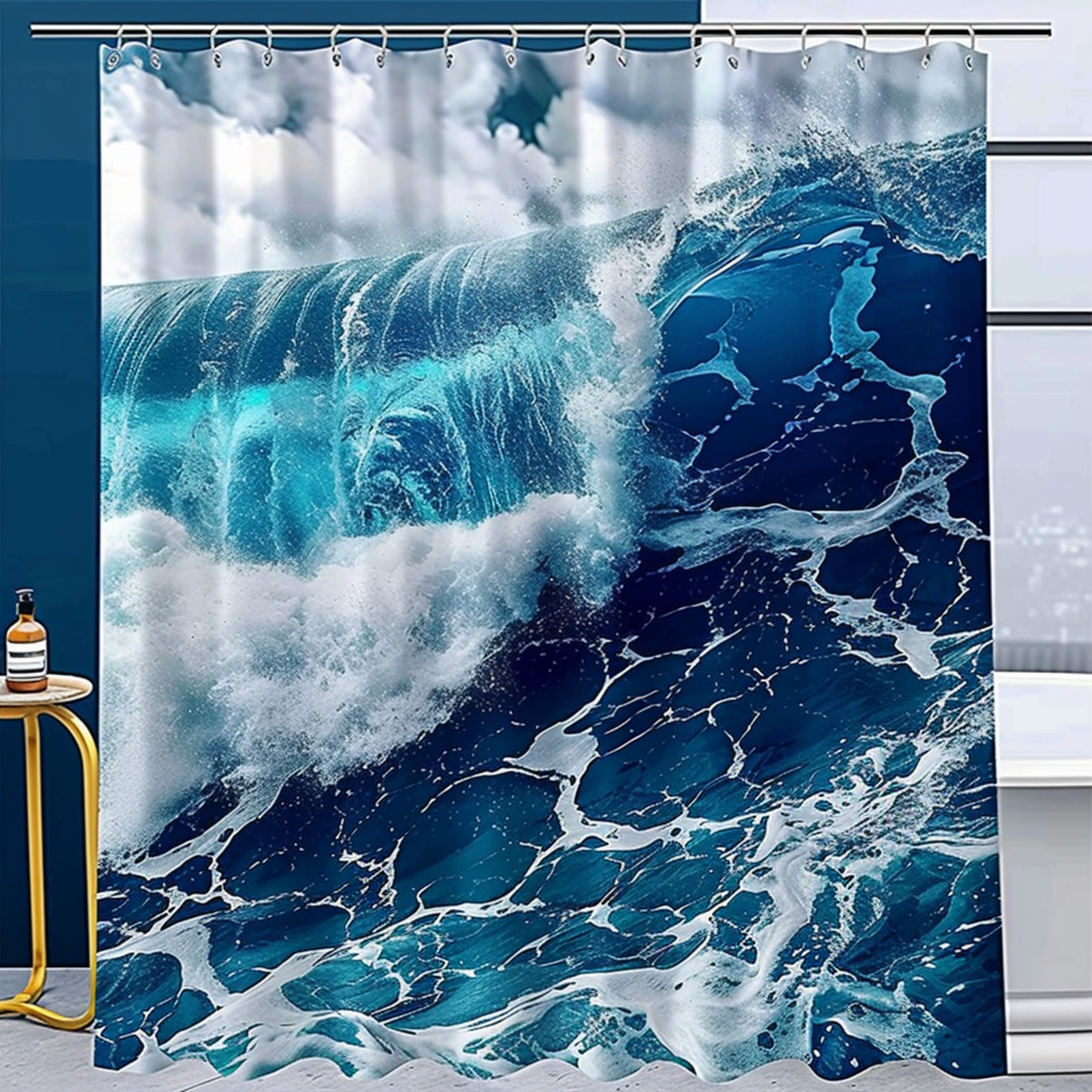 Hyper Realistic Ocean Wave Design Shower Curtain Blue and White ...