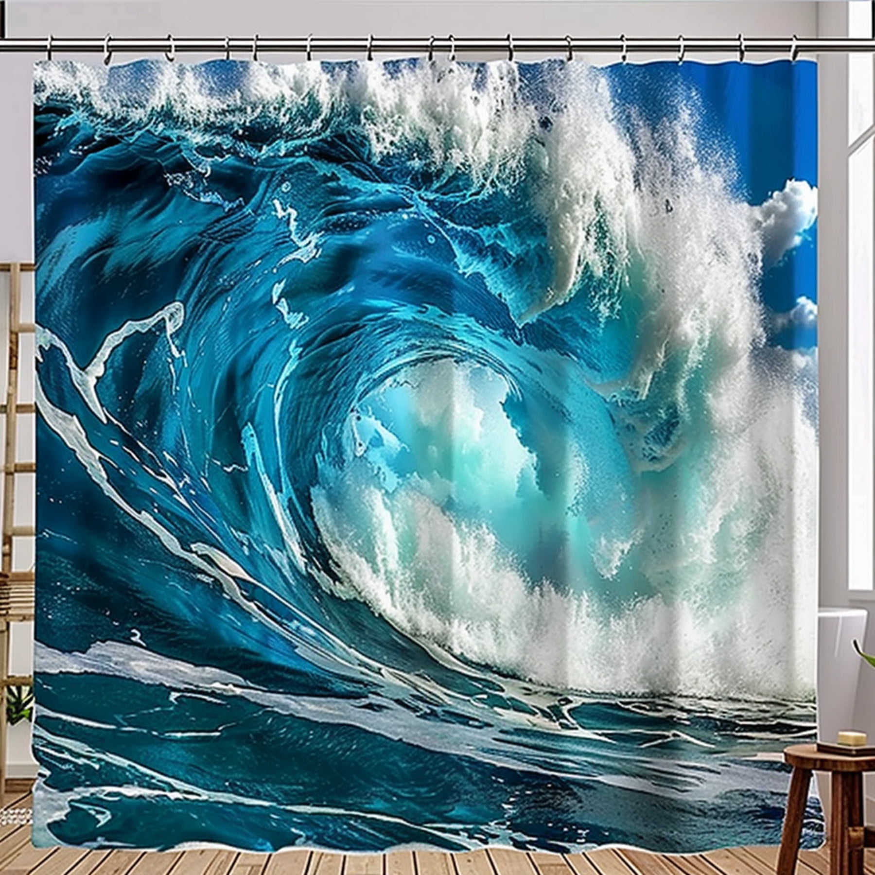 Hyper Realistic Ocean Wave Shower Curtain in White and Blue Photo Print ...