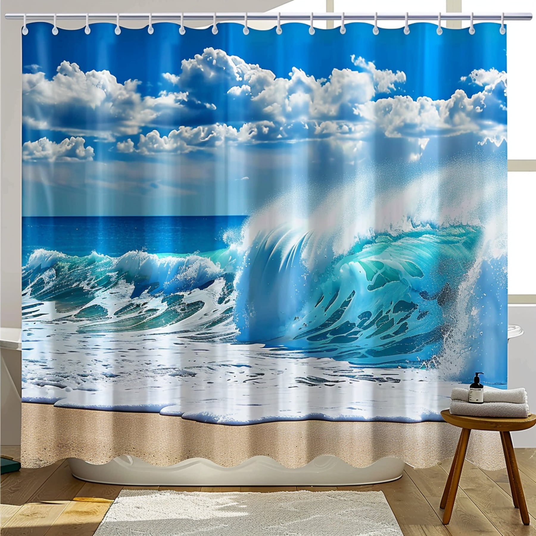 Hyper Realistic Ocean Waves Shower Curtain Beach Scene with Blue Sky ...