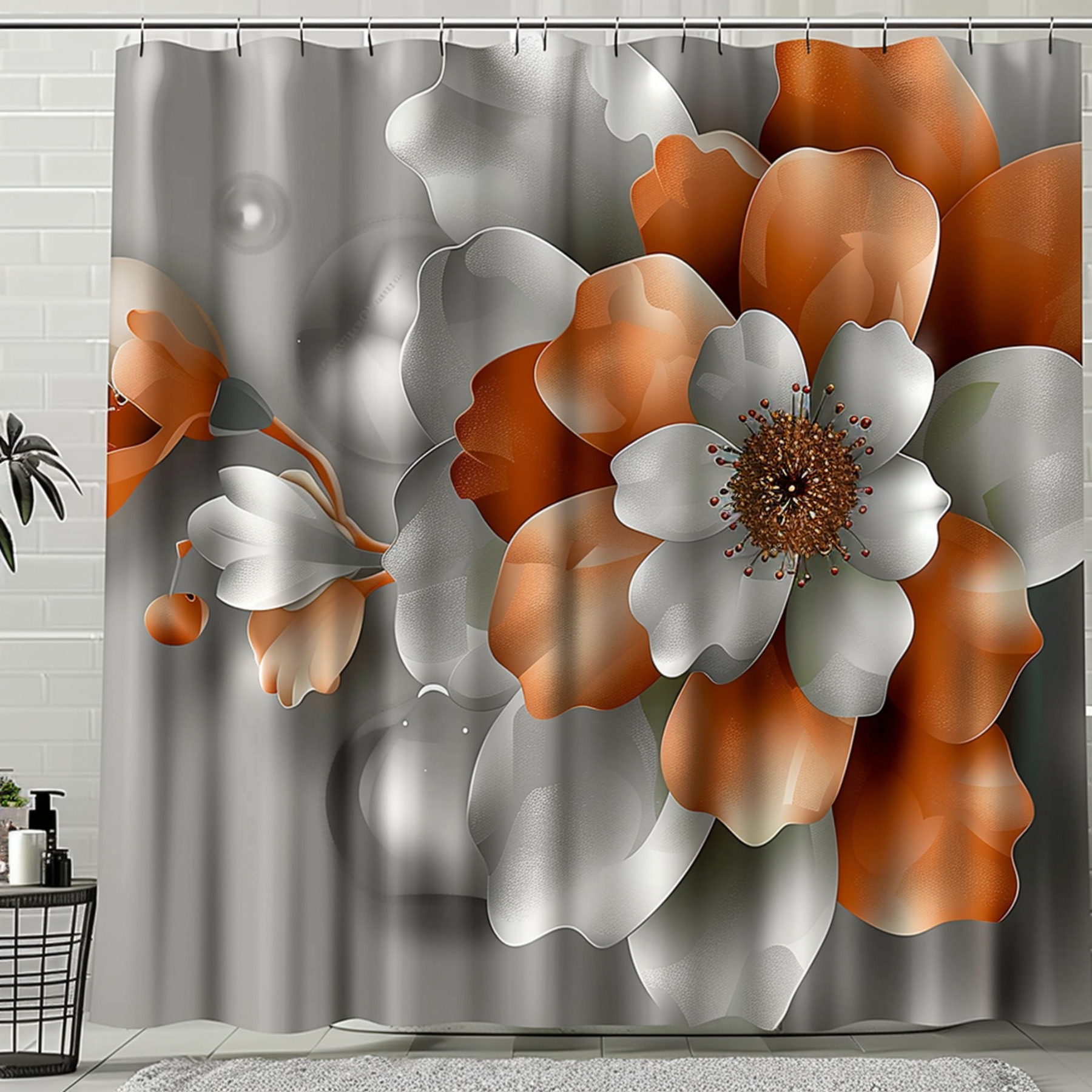 Hyper Realistic Orange Grey White Flower Design Shower Curtain Grey ...