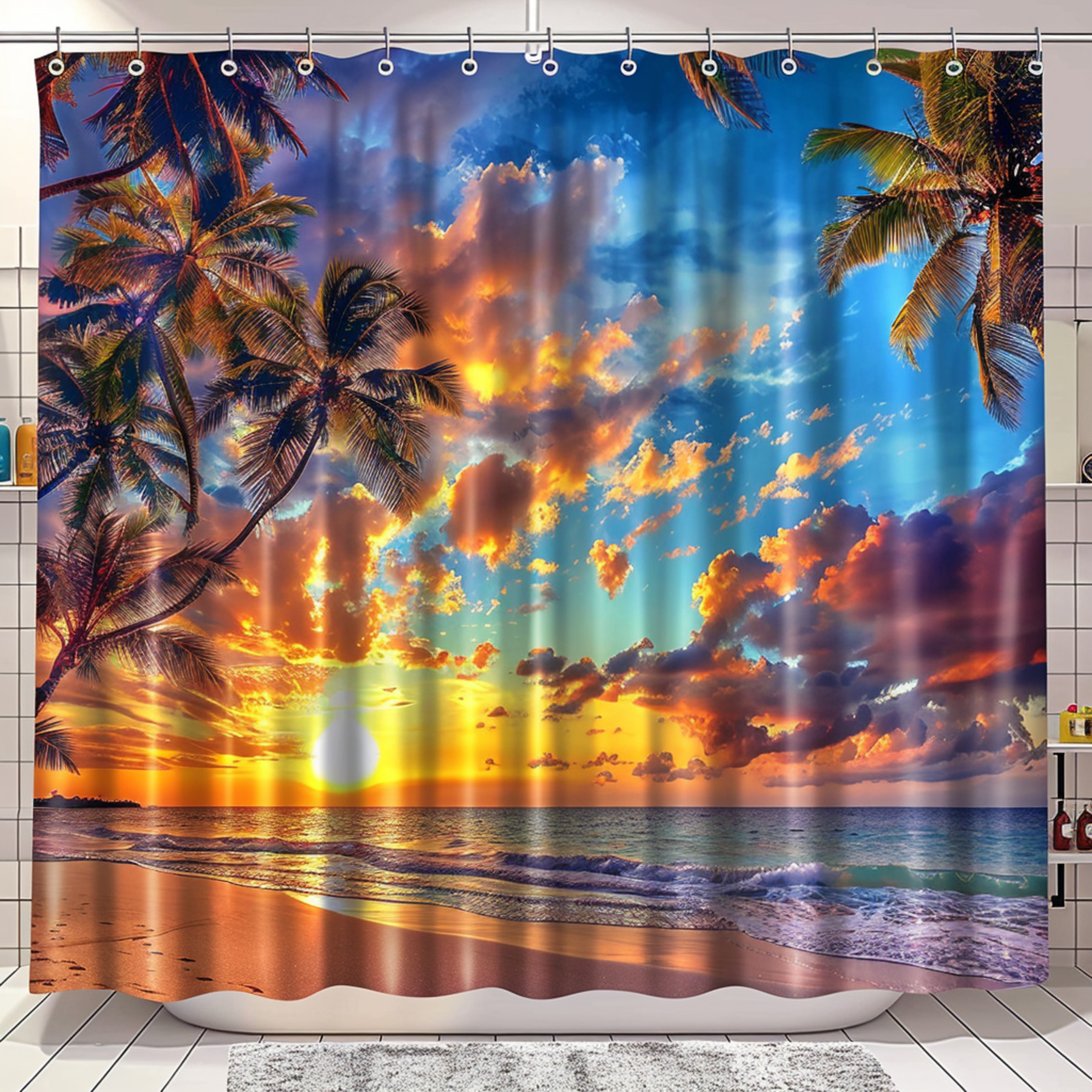 Hyper Realistic Palm Trees Sunset Beach Shower Curtain Vivid Colors ...