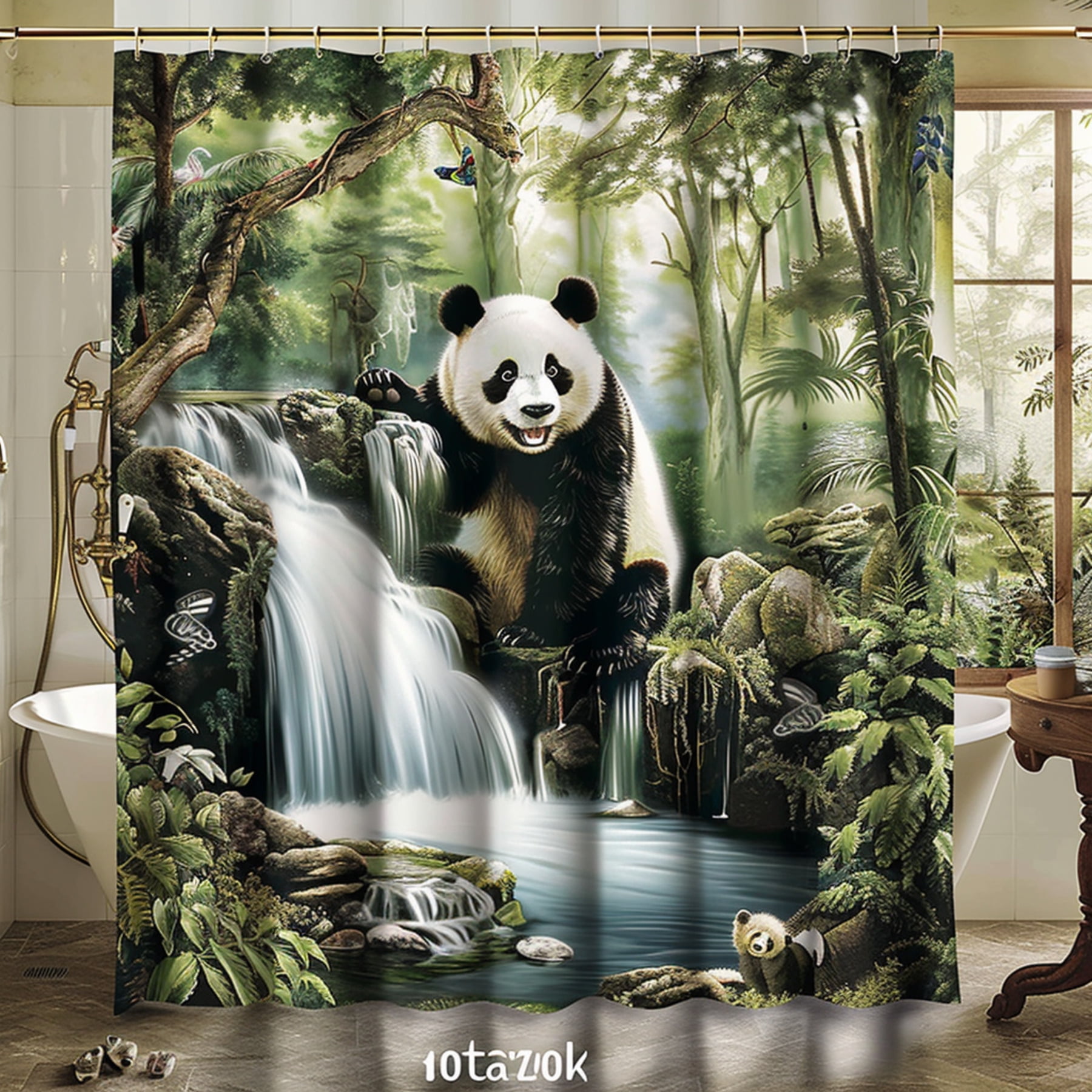 Hyper Realistic Panda Bear Jungle Waterfall Shower Curtain Detail with ...