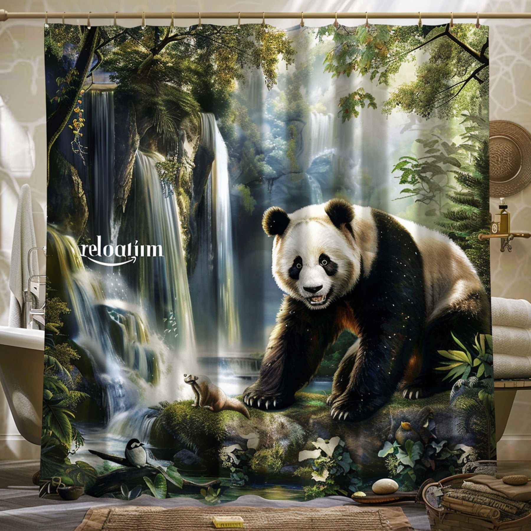 Hyper Realistic Panda Bear in Jungle Waterfall Curtain Detailed Animal ...