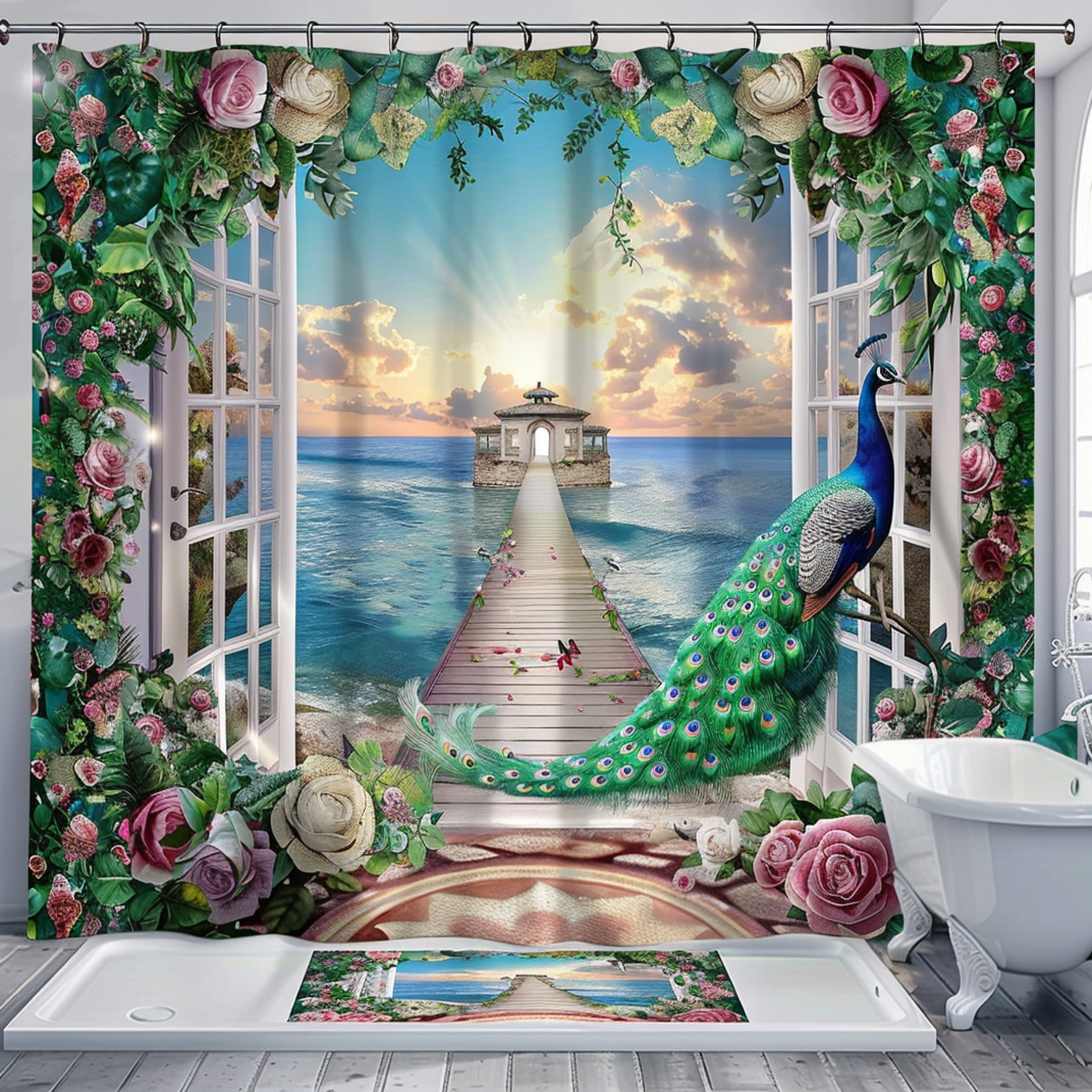 Hyper Realistic Peacock and Beach House Bathroom Scene Shower Curtain ...