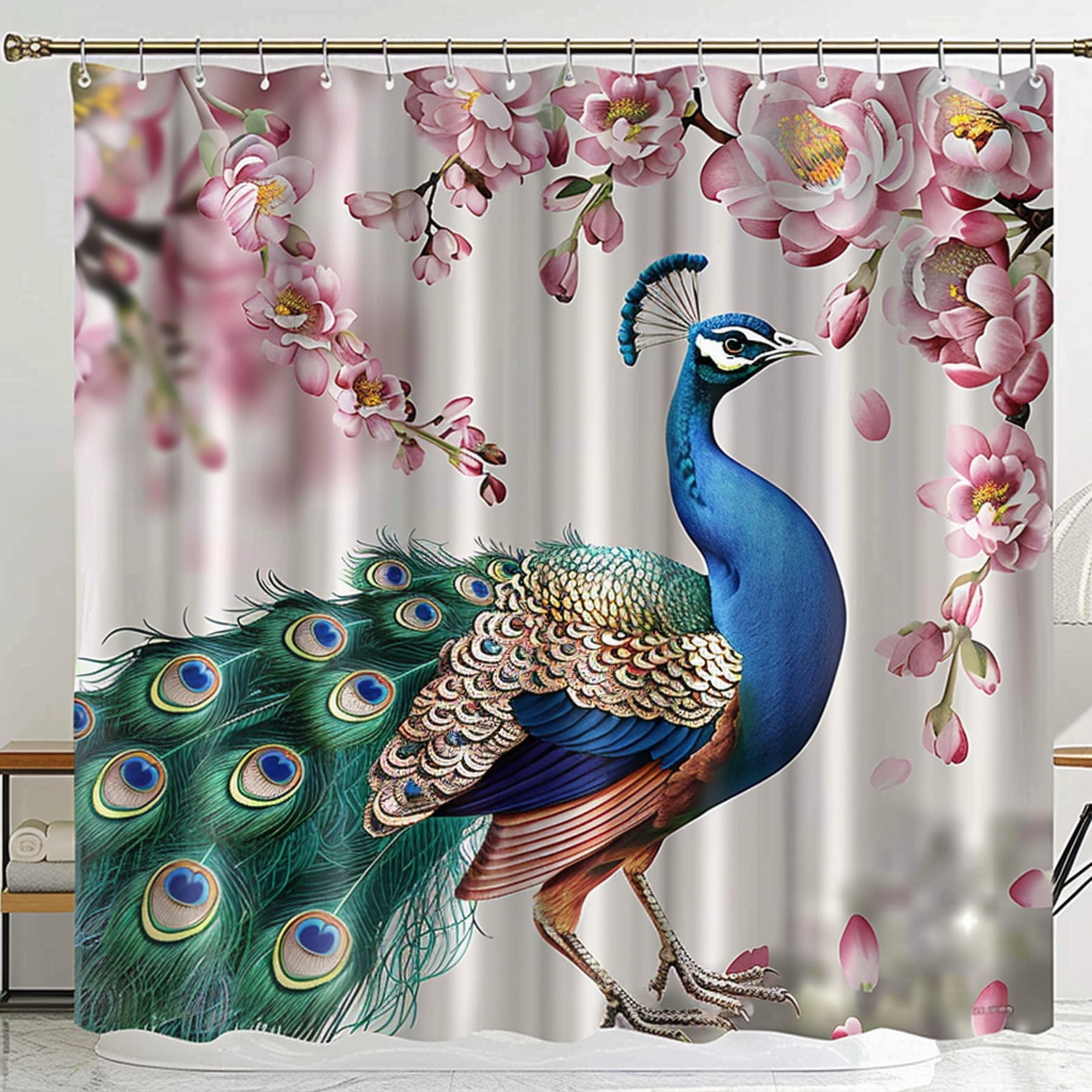 Hyper Realistic Peacock and Cherry Blossom Floral Shower Curtain ...