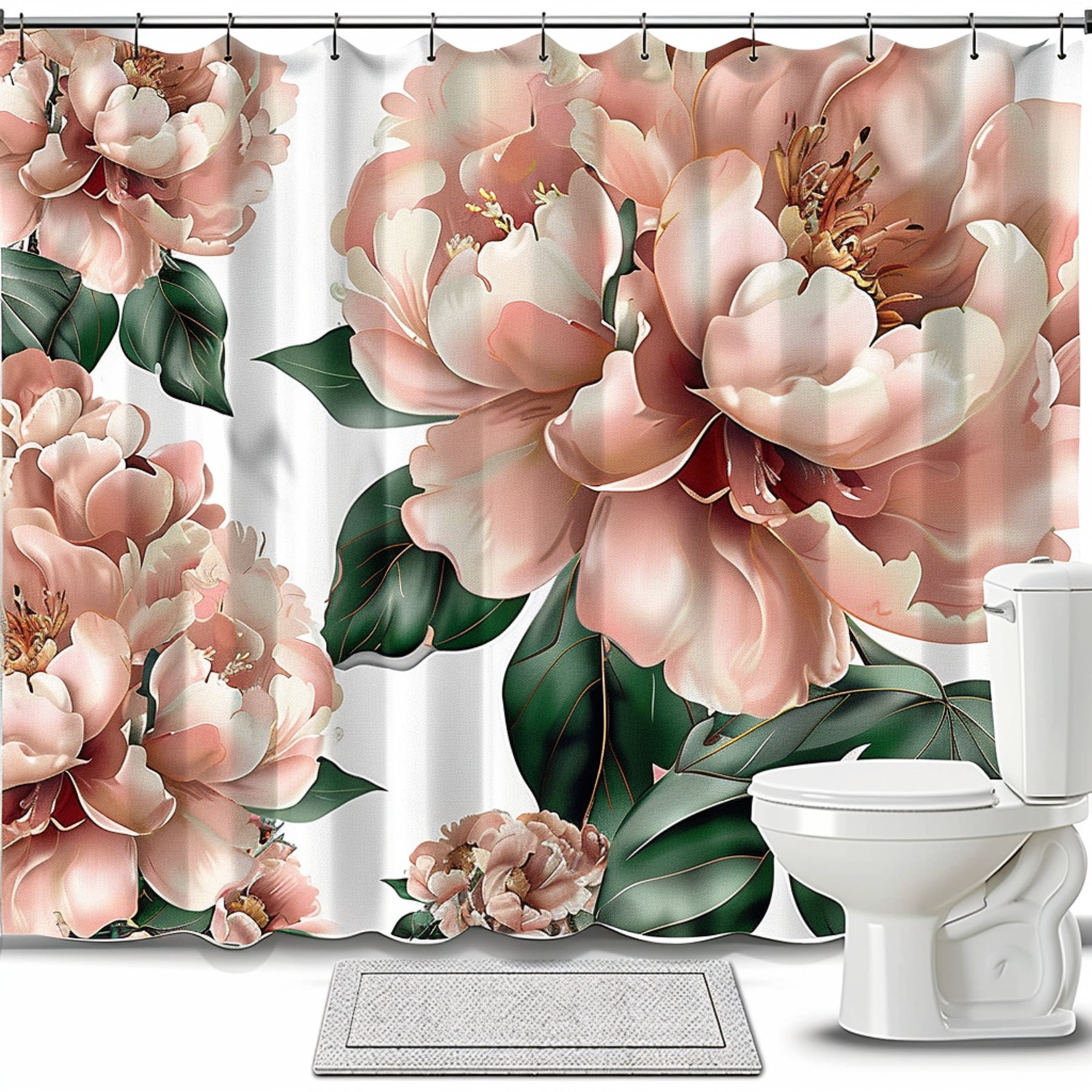 Hyper Realistic Peony Floral Bathroom Set in Pink Green White Brown ...