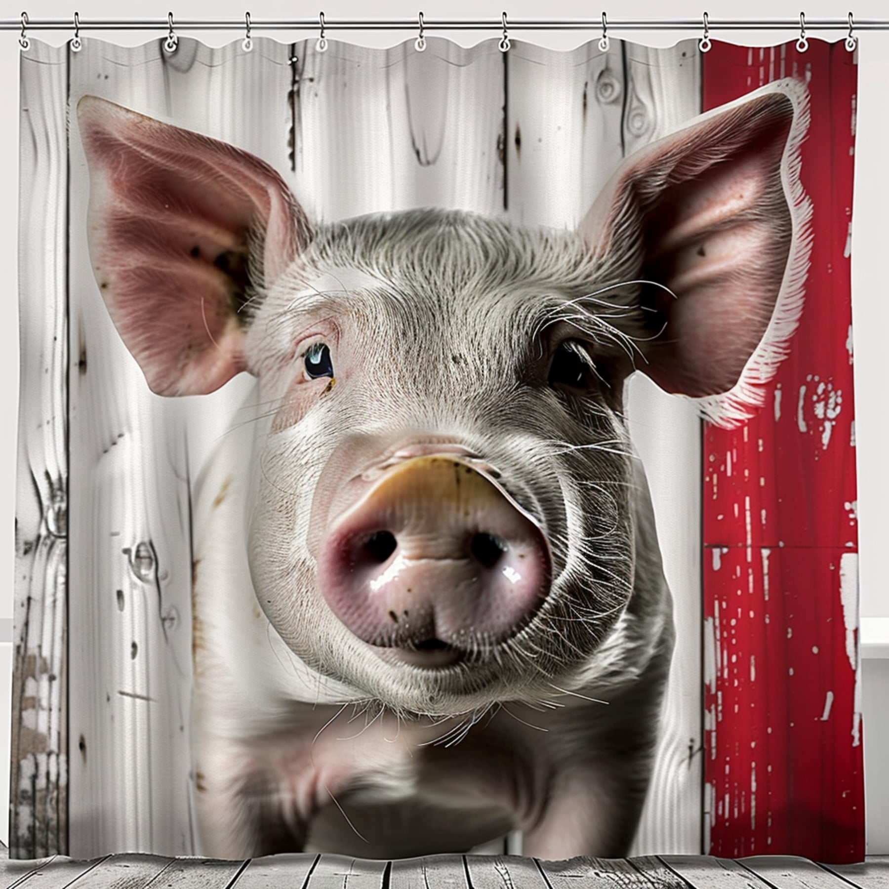 Hyper Realistic Pig Face Bathroom Shower Curtain Red and White Wooden ...