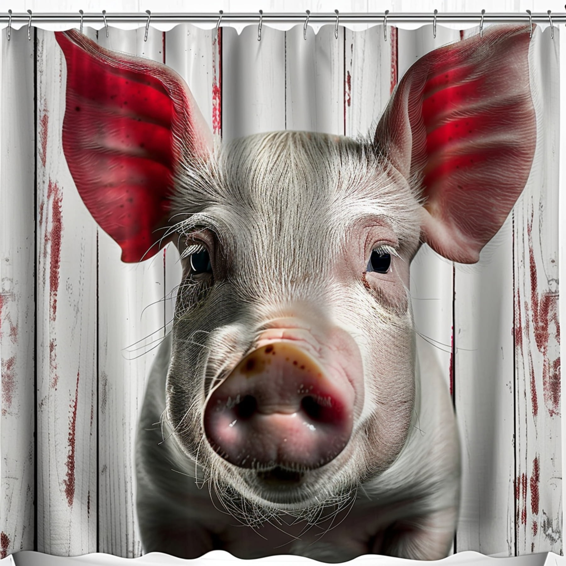 Hyper Realistic Pig Face Shower Curtain on Red and White Wooden Wall ...
