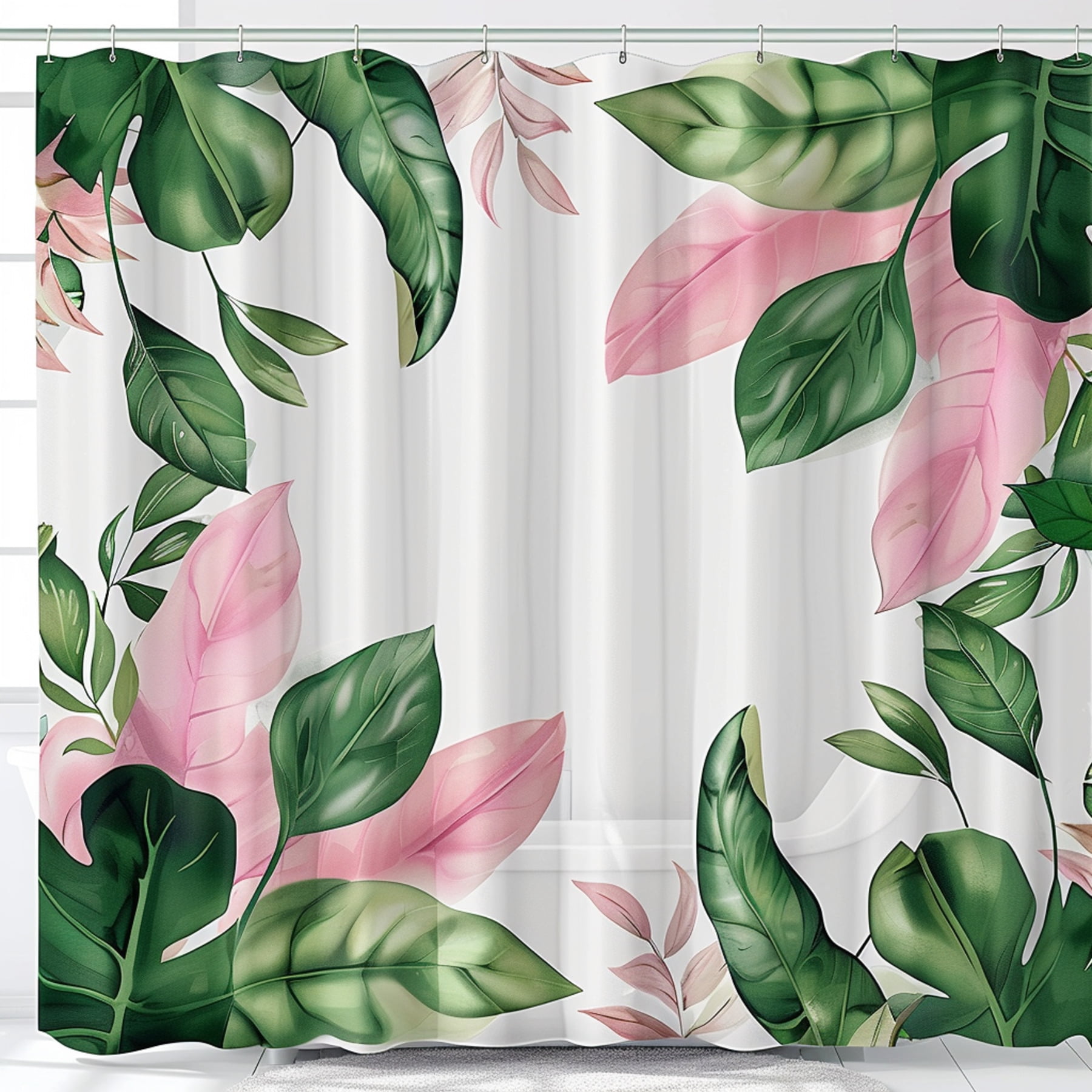 Hyper Realistic Pink Green White Leaves Bathroom Curtain Shower Curtain ...