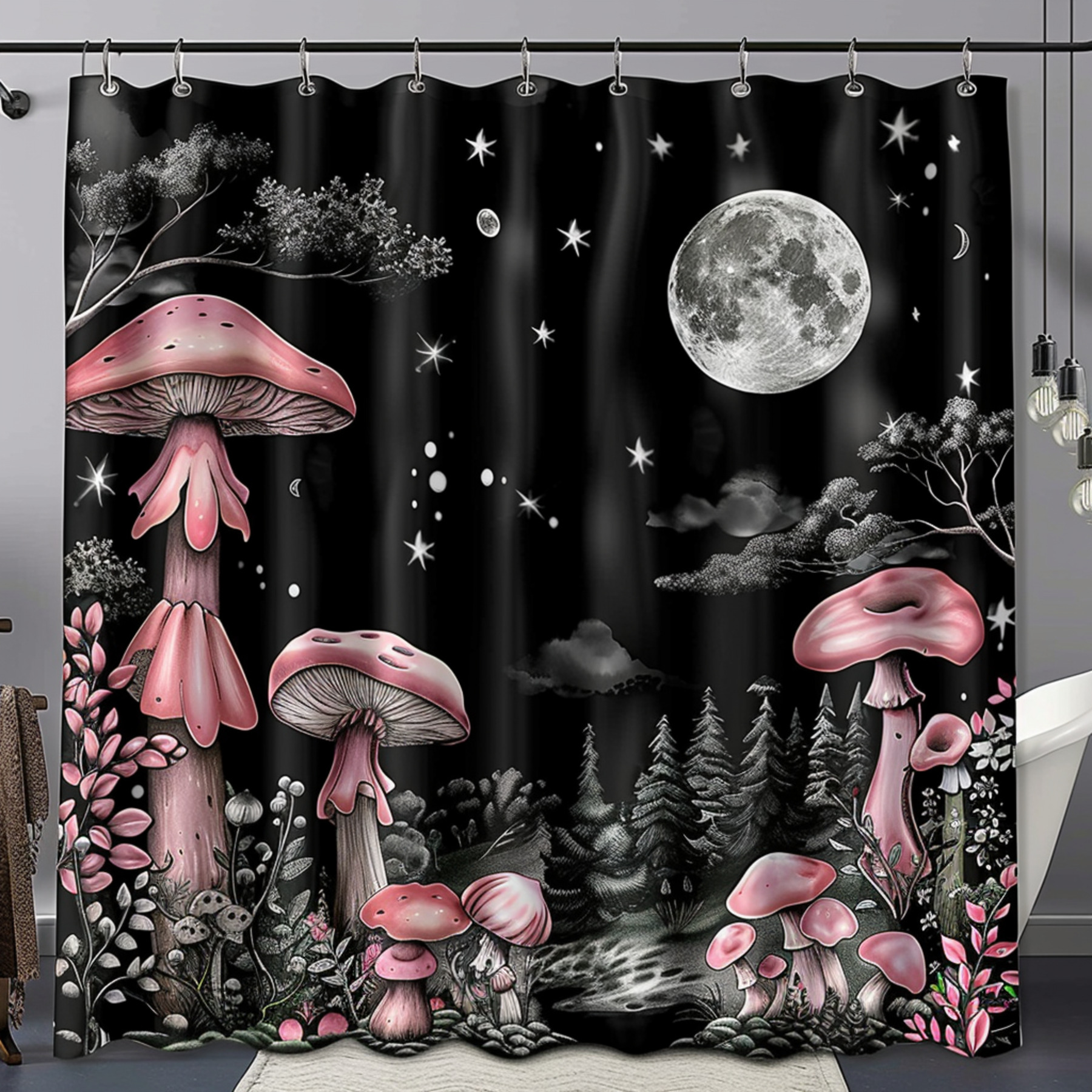 Hyper Realistic Pink Mushroom Forest Night Sky Shower Curtain Bathroom ...