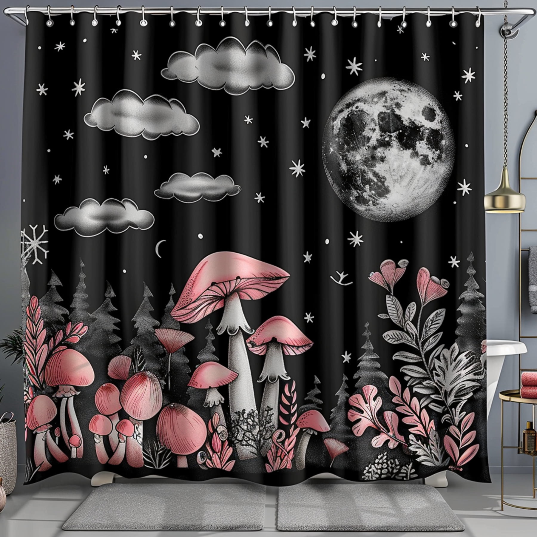 Hyper Realistic Pink Mushroom Forest Night Sky Shower Curtain Detailed ...