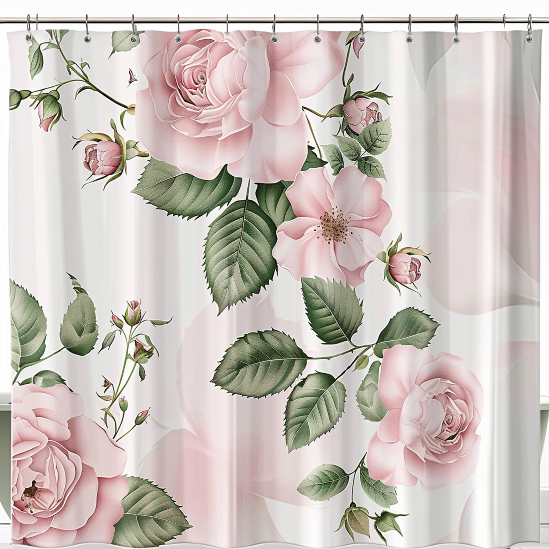 Hyper Realistic Pink and Green Floral Rose Shower Curtain Elegant White ...