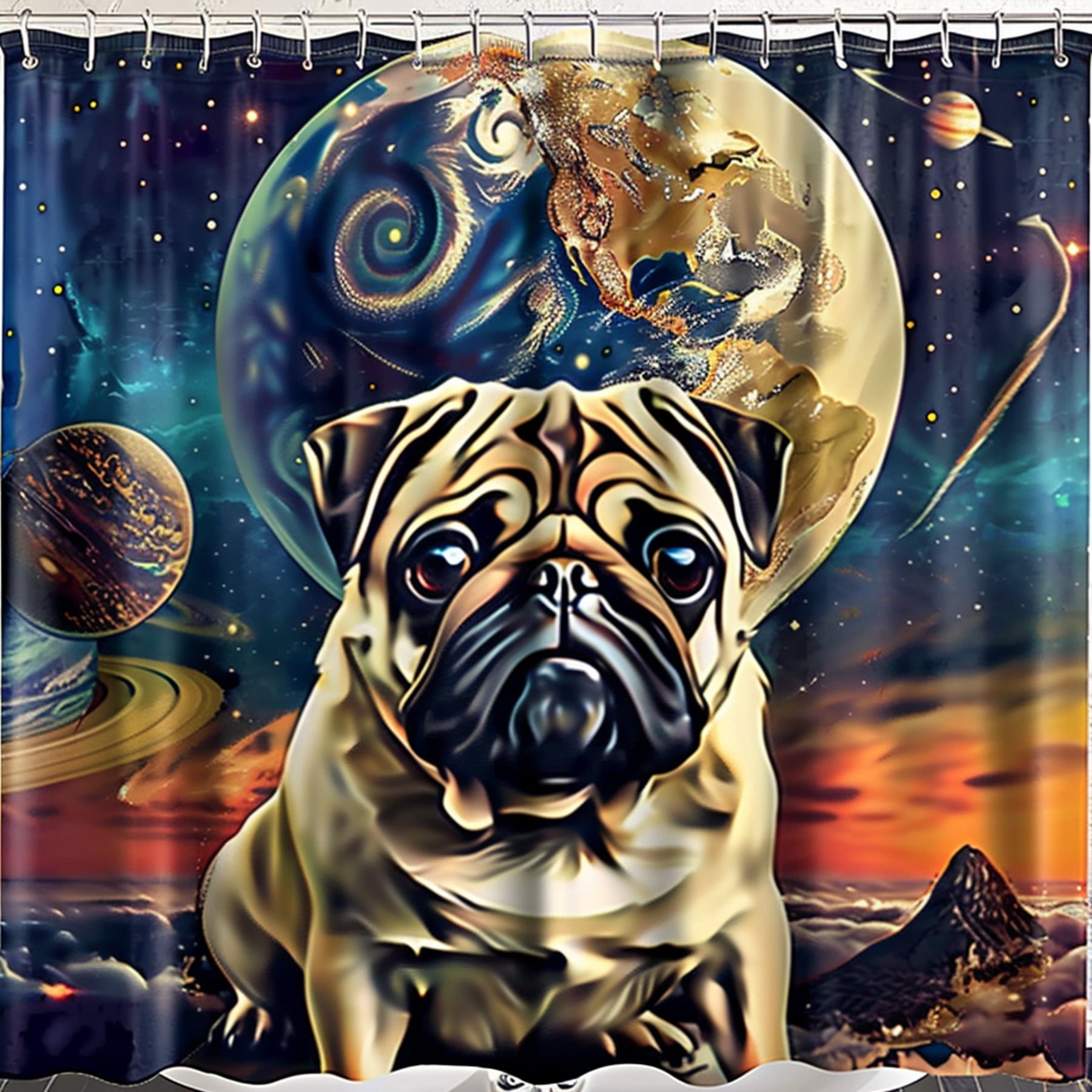 Hyper Realistic Pug Dog with Planets Shower Curtain Detailed Face ...