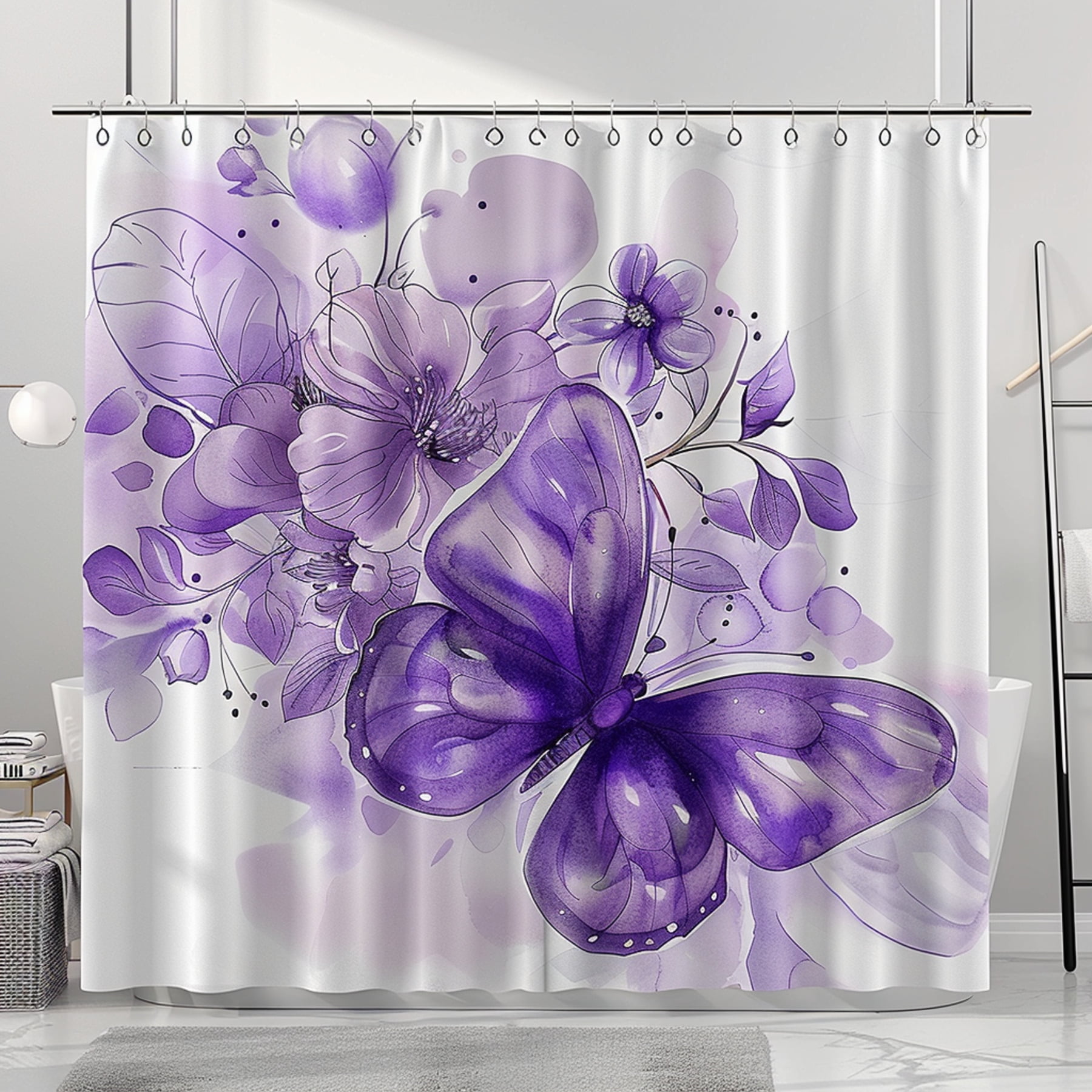 Hyper Realistic Purple Butterfly Watercolor Shower Curtain Detailed ...