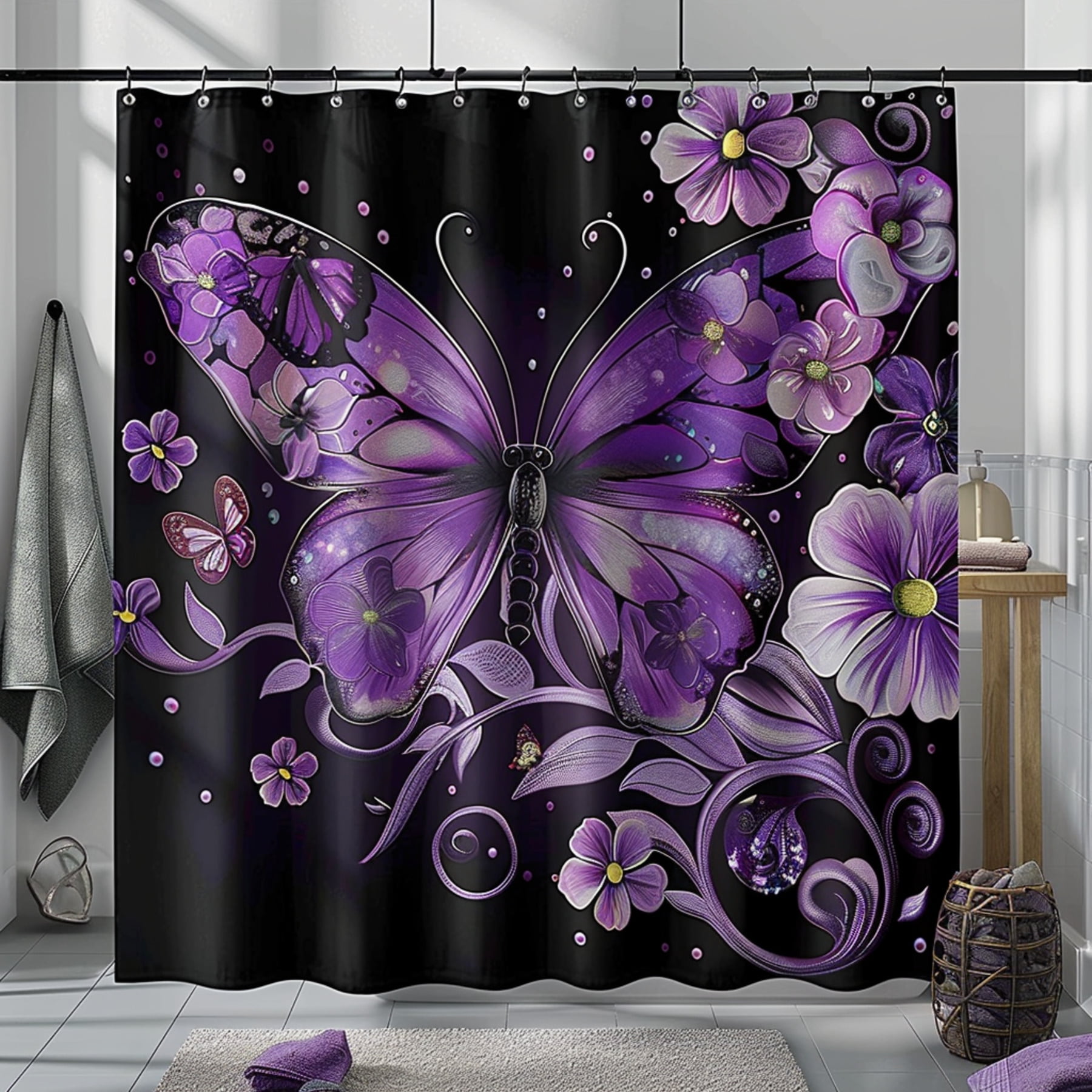 Hyper Realistic Purple Butterfly and Flowers Shower Curtain Detailed ...