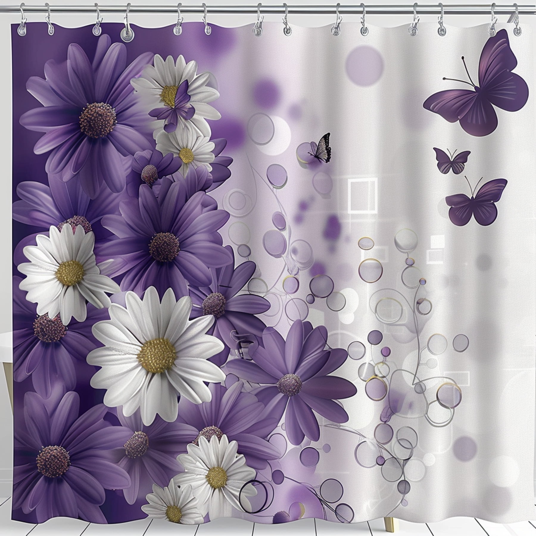 Hyper Realistic Purple Daisy & Butterfly Shower Curtain Design with ...