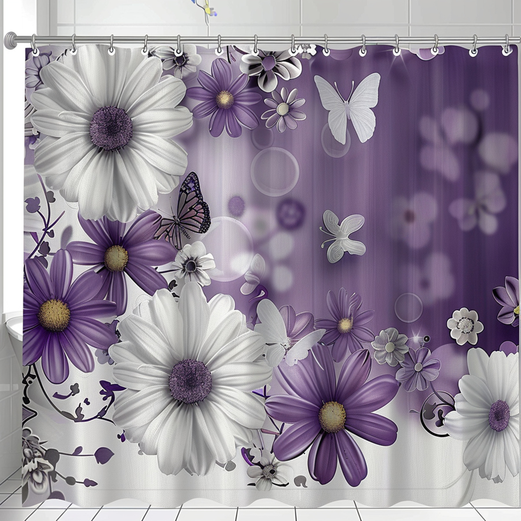 Hyper Realistic Purple Daisy Butterfly Shower Curtain with Grey ...