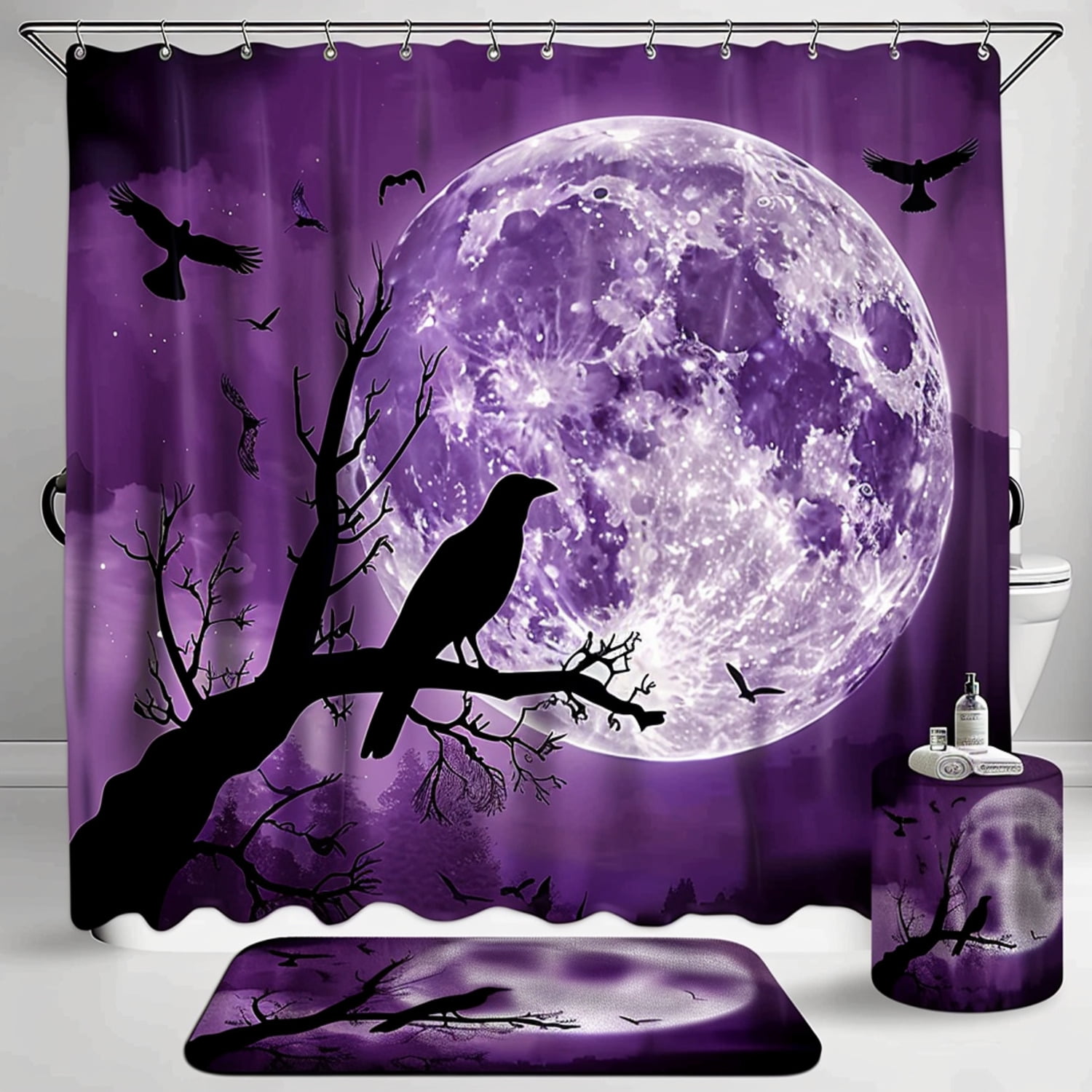 Hyper Realistic Purple Full Moon Crow Bathroom Decor Set Cinematic ...