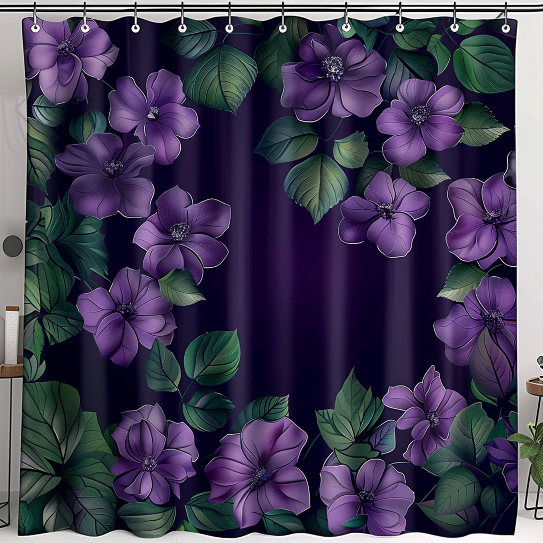 Hyper Realistic Purple and Green Floral Shower Curtain with Dark ...