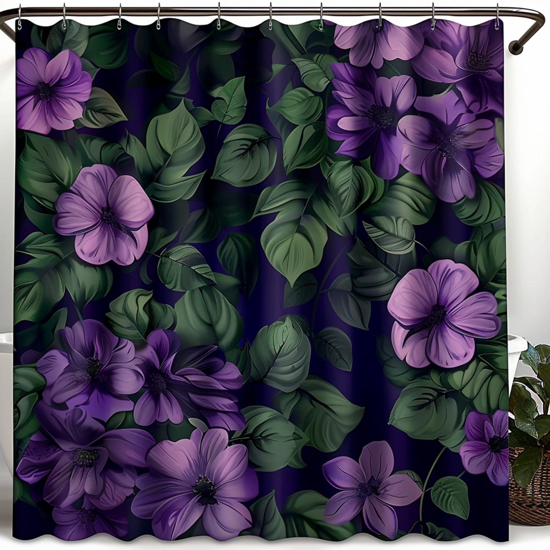 Hyper Realistic Purple and Green Floral Shower Curtain with Dark ...
